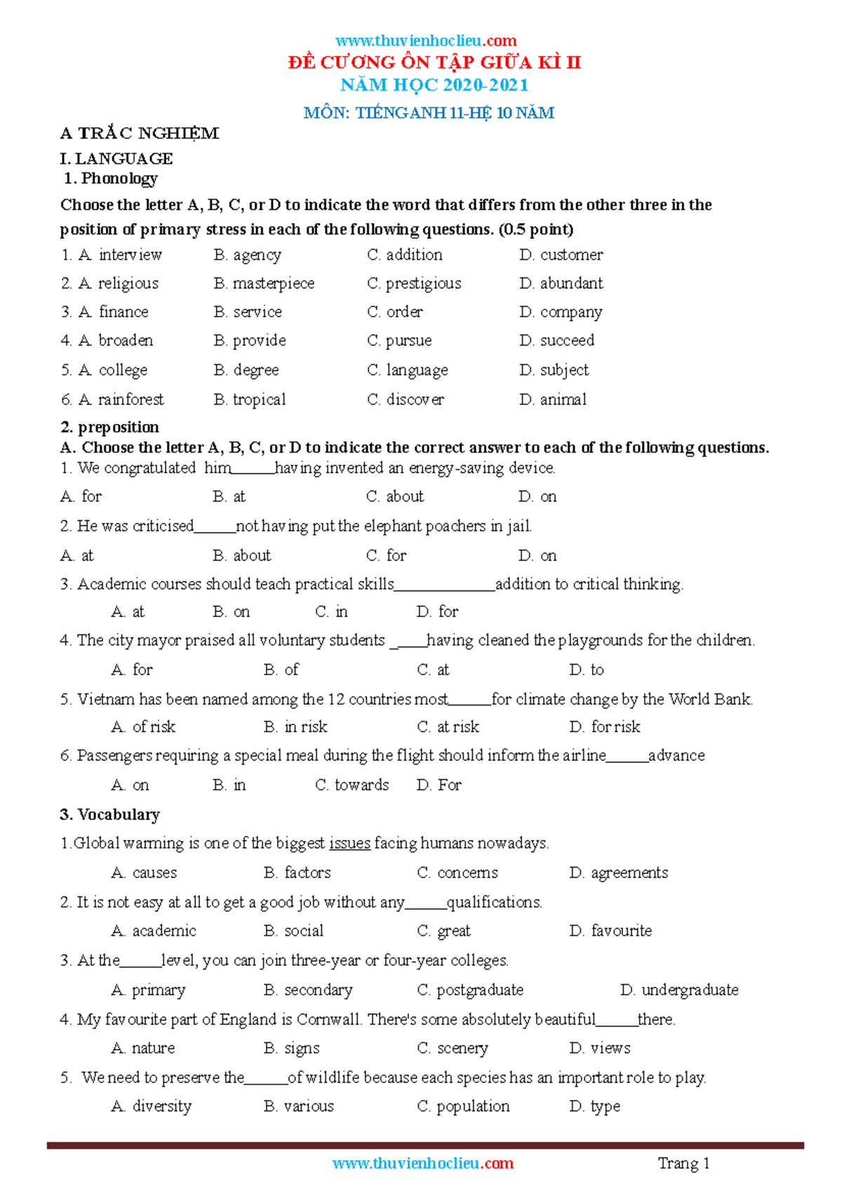De cuong on tap giua HK2 Tieng ANH 11 - ĐỀ CƯƠNG ÔN TẬP GIỮA KÌ II NĂM HỌC 2020- MÔN: TIẾNG ANH ...