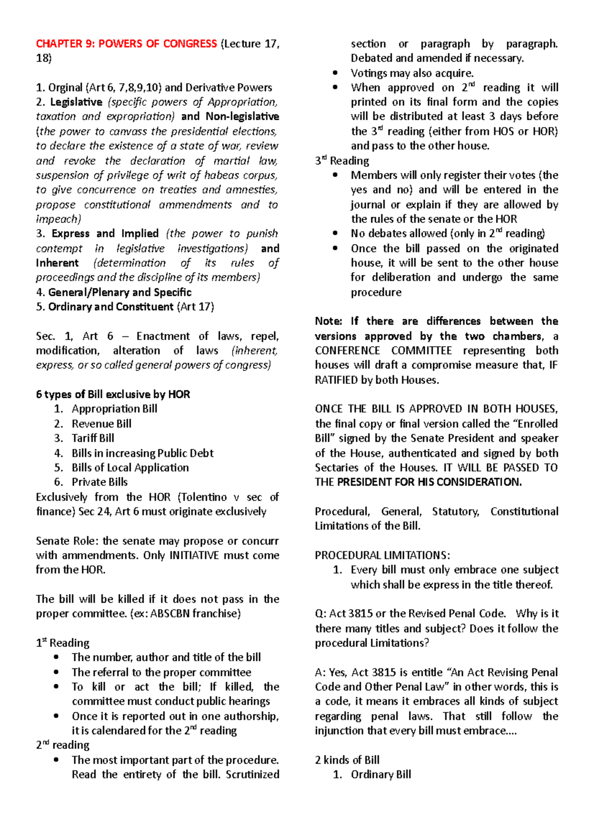 Political Law Isagani Cruz - Notes - CHAPTER 9: POWERS OF CONGRESS ...