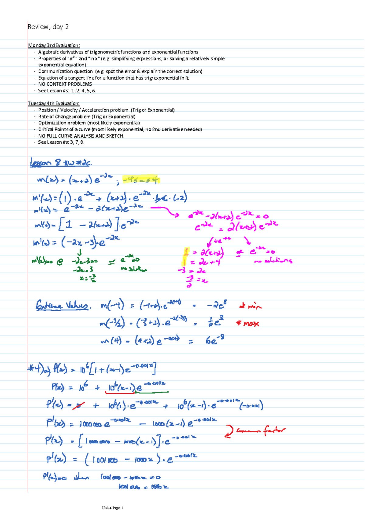 Review, day 2 calculus - Algebraic derivatives of trigonometric ...
