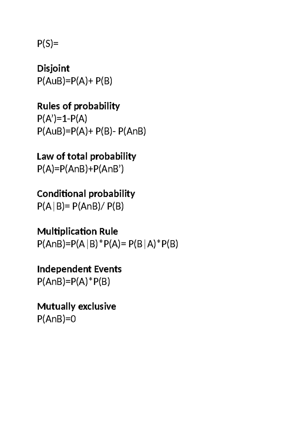 probability forumlAS - STAT1520 - P(S)= Disjoint P(AuB)=P(A)+ P(B ...