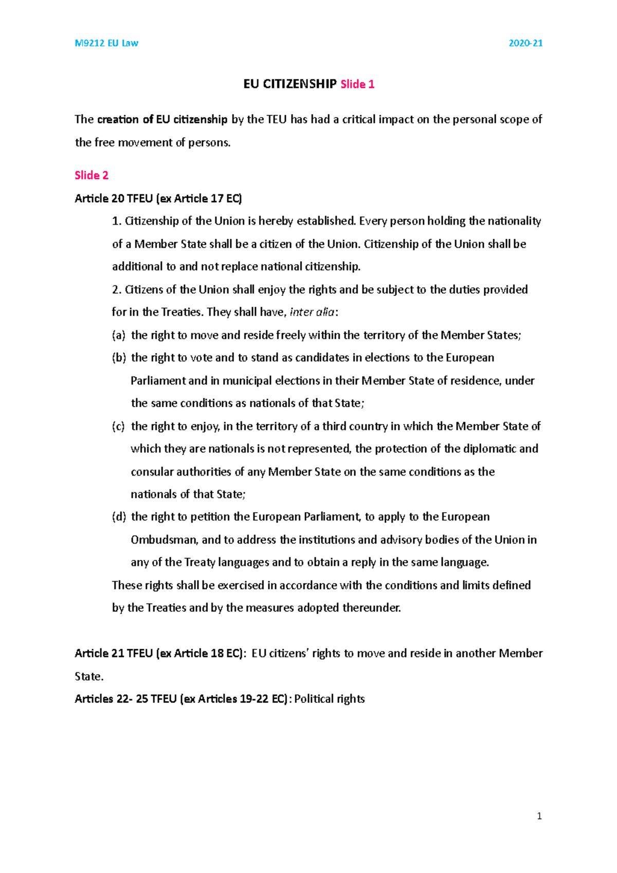 8 EU Citizenship - Lecture notes 8 - EU CITIZENSHIP Slide 1 The ...