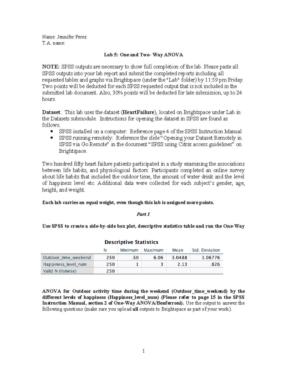 LAB-5 ONE WAY AND TWO WAY Anova Fall 2024 Final - Name: Jennifer Perez T. name: Lab 5: One and ...