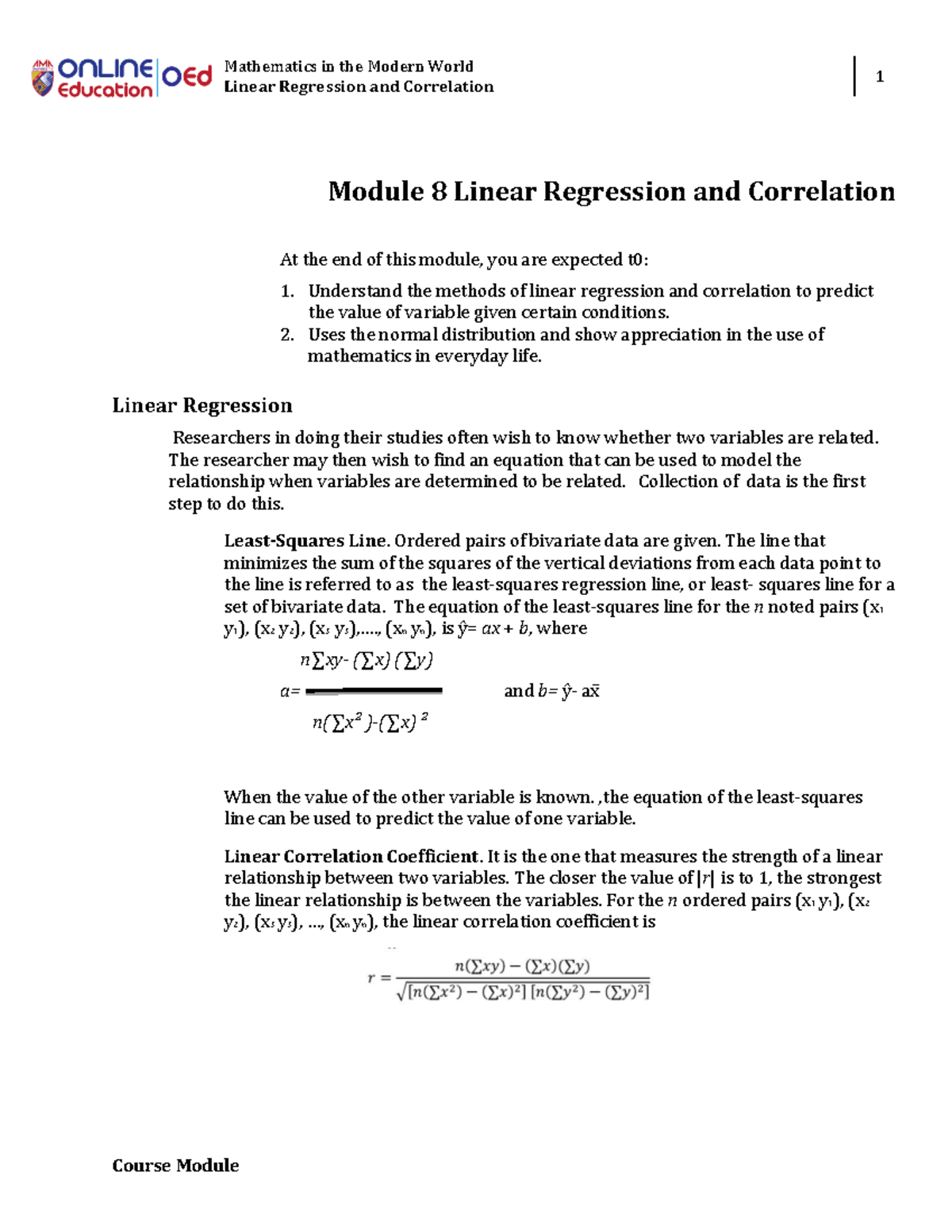 Linear Regression and Correlation - Uses the normal distribution and show appreciation in the ...
