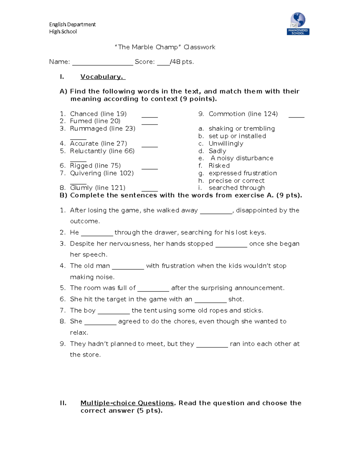 The Marble Champ Worksheet - High School “The Marble Champ” Classwork ...