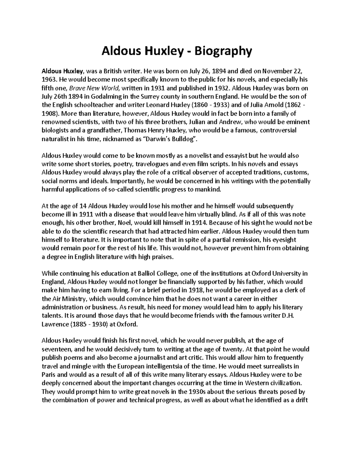 Huxley biography - Best Hand Make Note - Aldous Huxley - Biography ...