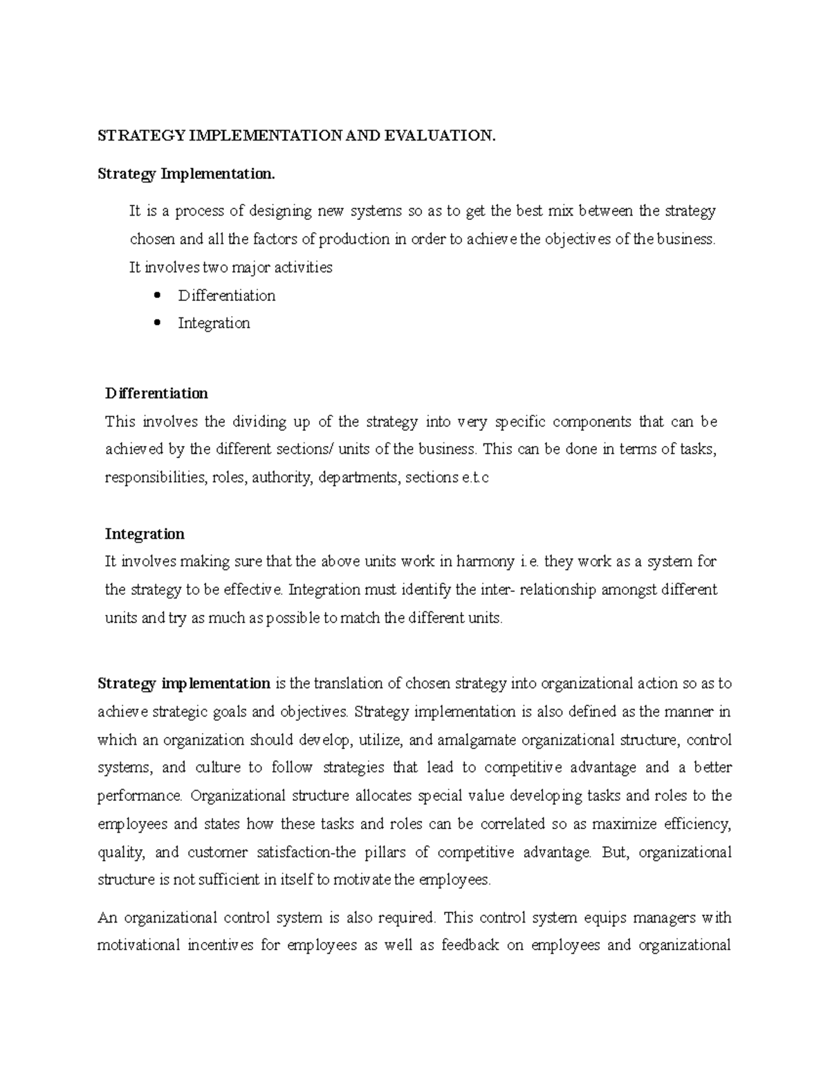 Lesson 9 - Strategic management notes - STRATEGY IMPLEMENTATION AND ...
