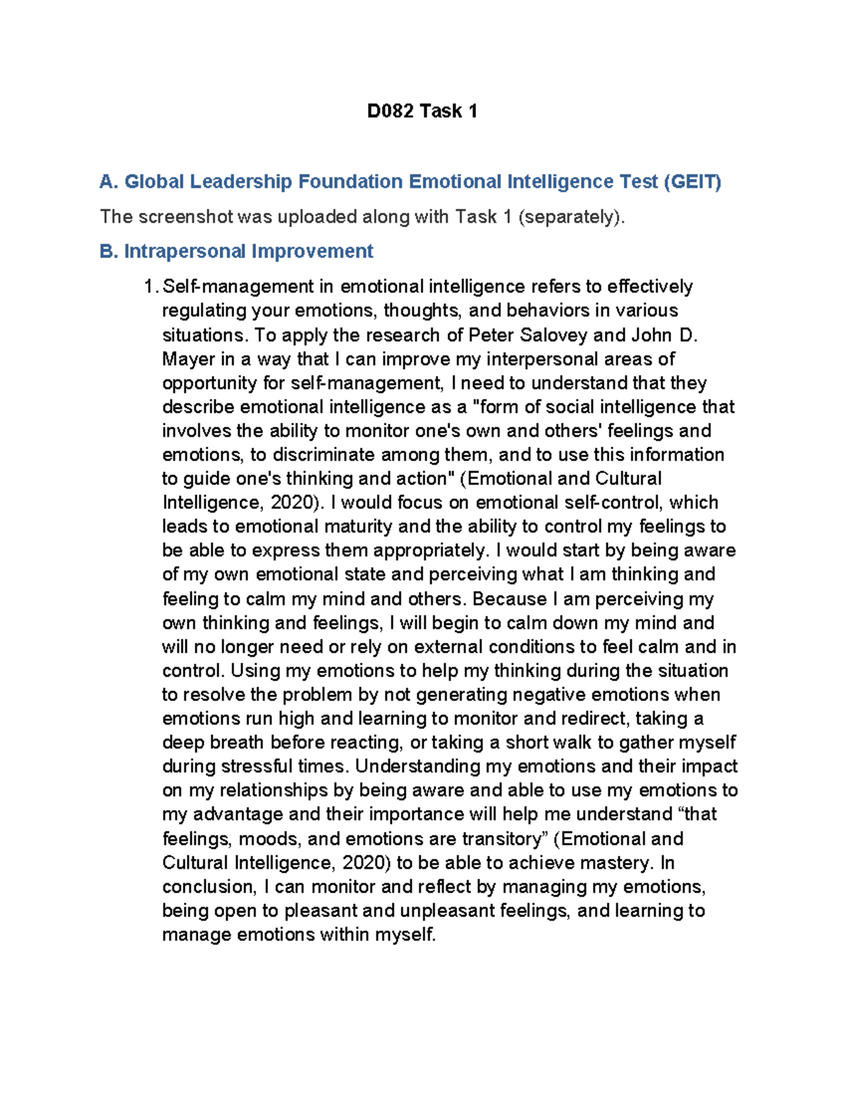 D082 Task 1 - Emotional and Cultural Intelligence Assignment - D082 ...