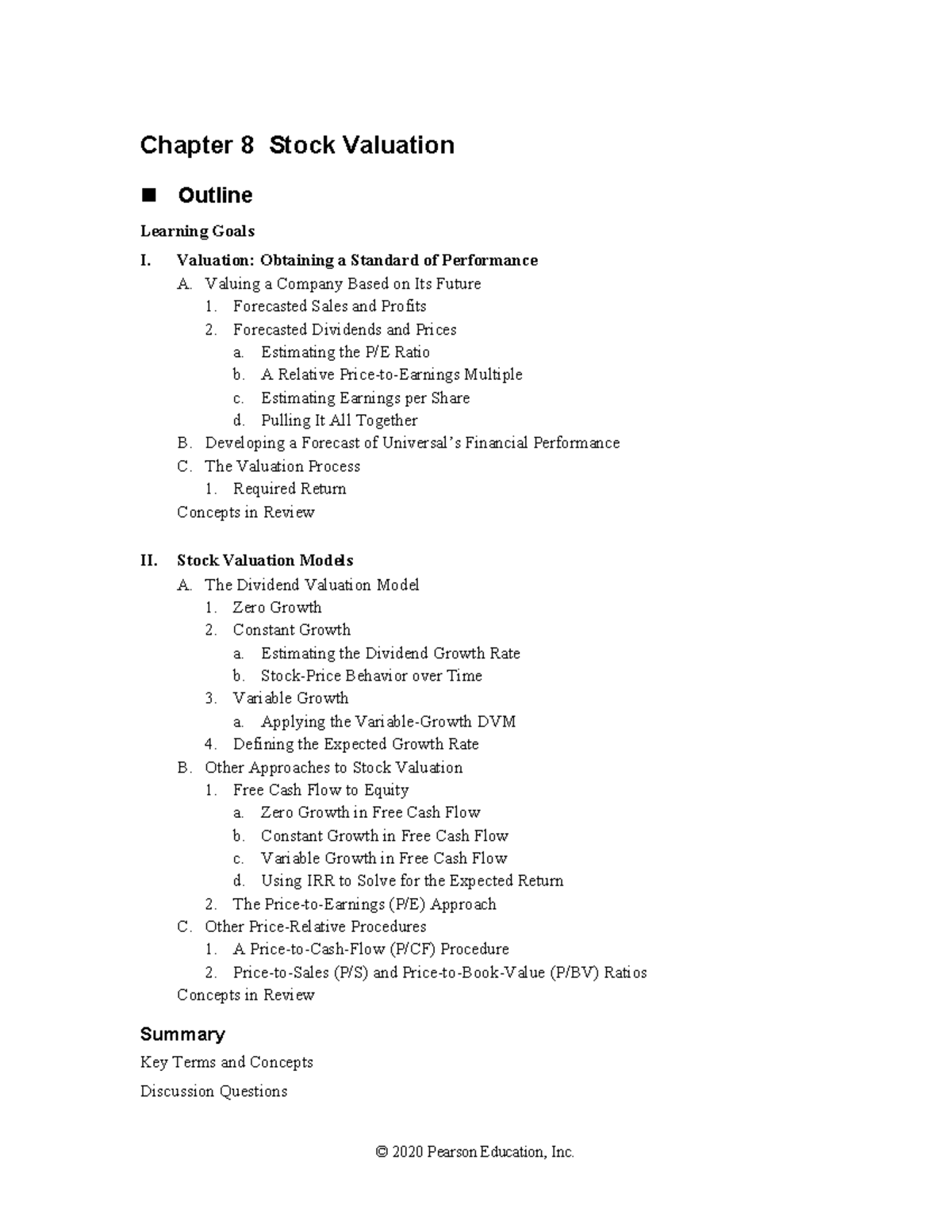 Investments chapter 8 - Chapter 8 Stock Valuation Outline Learning ...