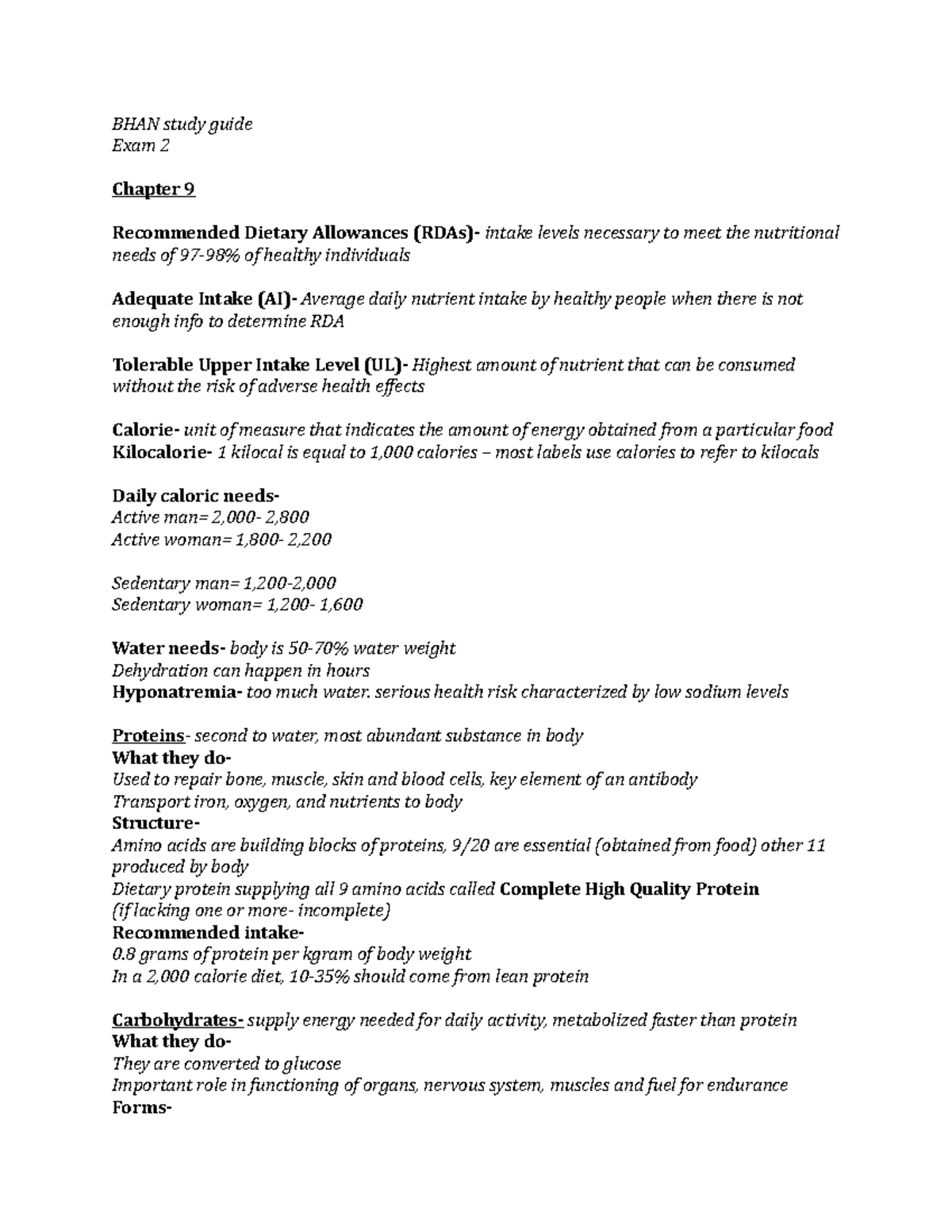 Bhan2 - Exam 2 study guide - BHAN study guide Exam 2 Chapter 9 ...