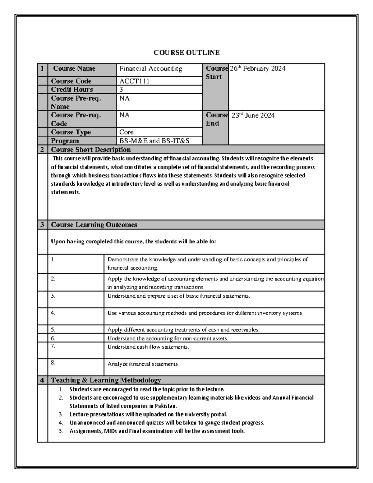 Course Outline - FA BS-M&E and BS-IT&S - COURSE OUTLINE 1 Course Name ...