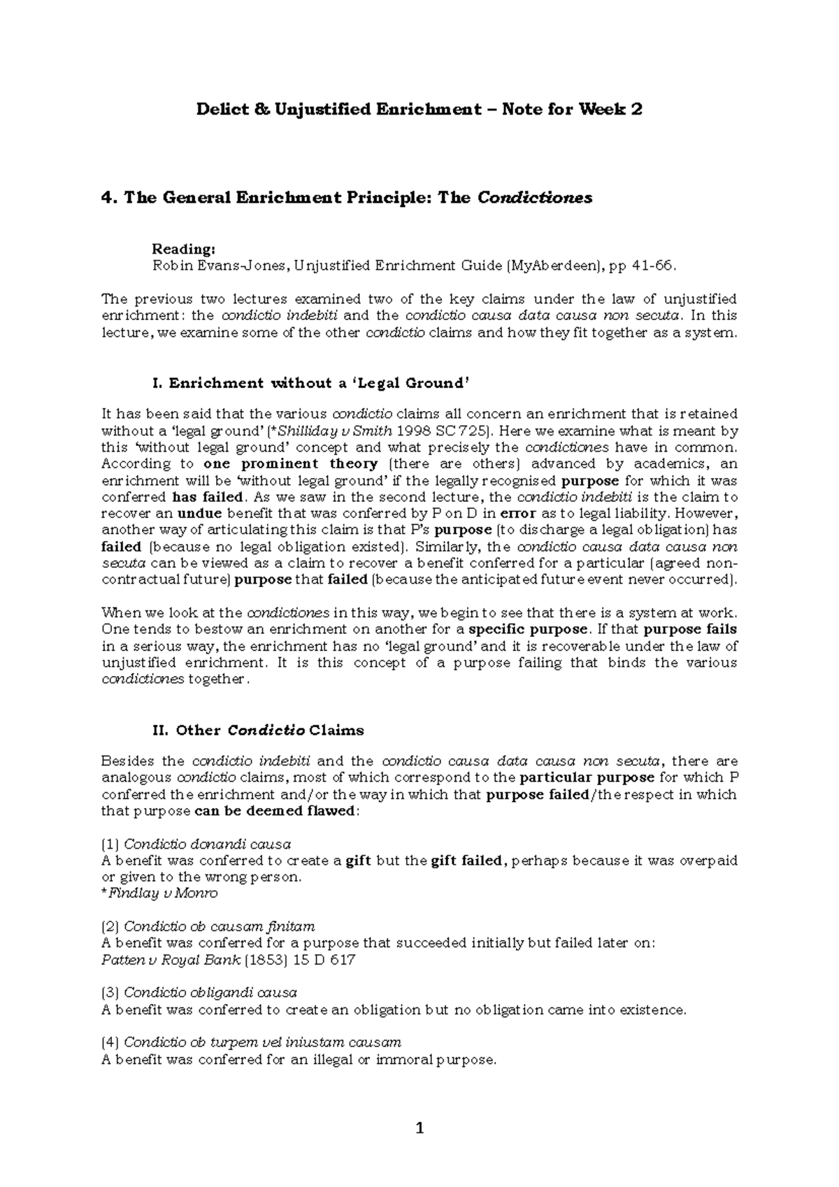 Unjustified Enrichment, Teaching Note for Week 2 - Delict & Unjustified ...