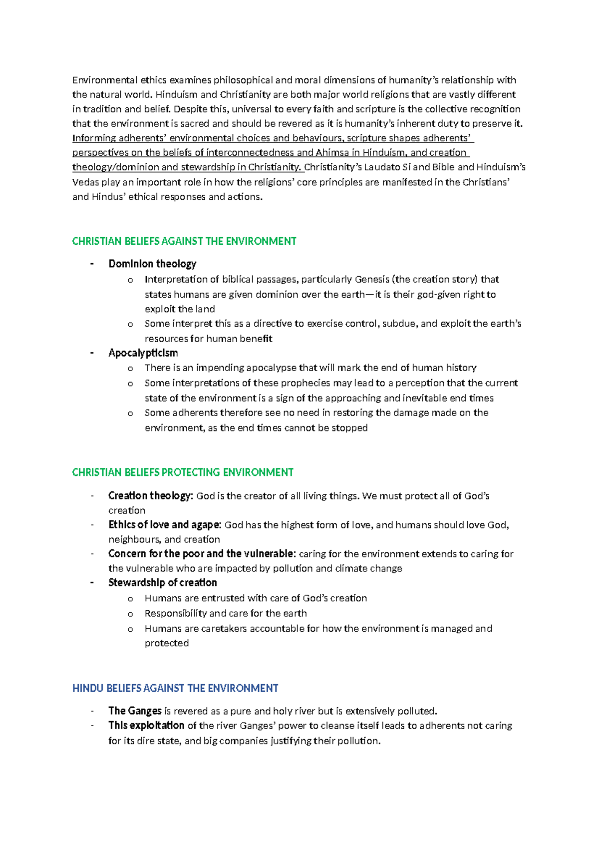 Environmental ethics - Christianity and Hinduism - Environmental ethics ...
