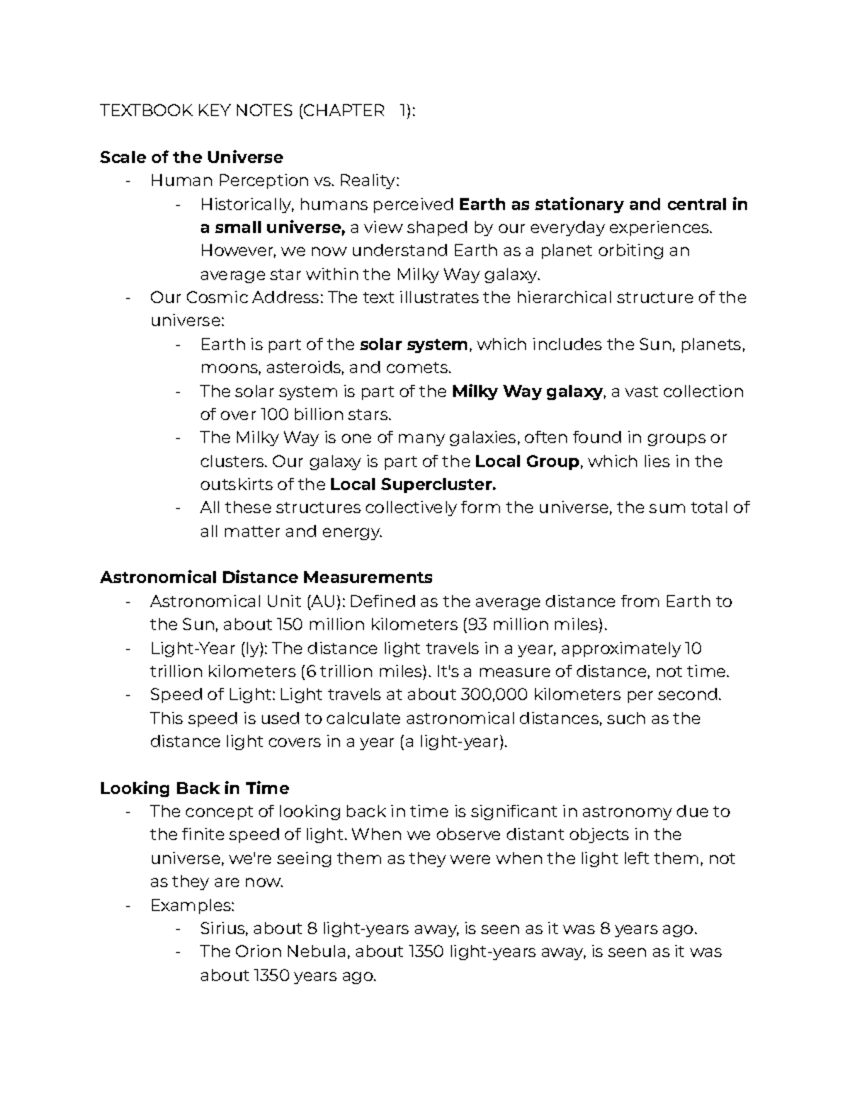 Ch 1 Notes - TEXTBOOK KEY NOTES (CHAPTER 1): Scale of the Universe ...
