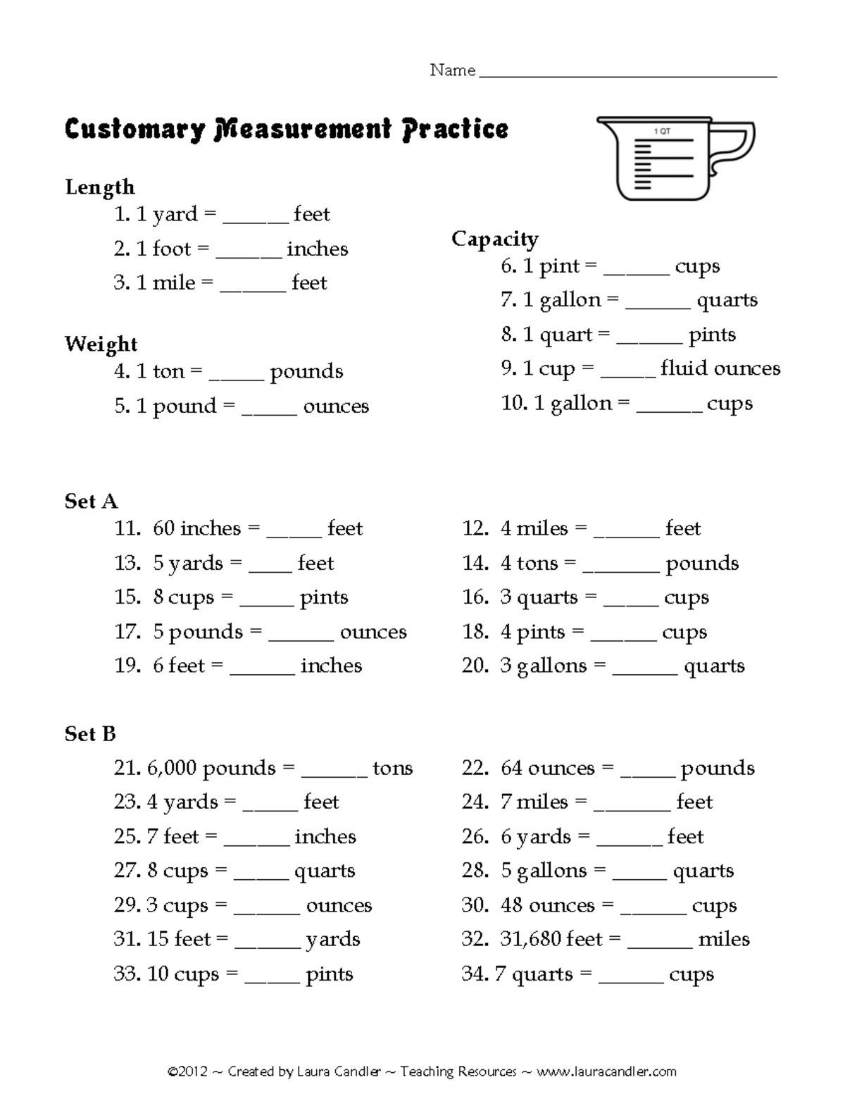 Customary Measure Practice - Name ...