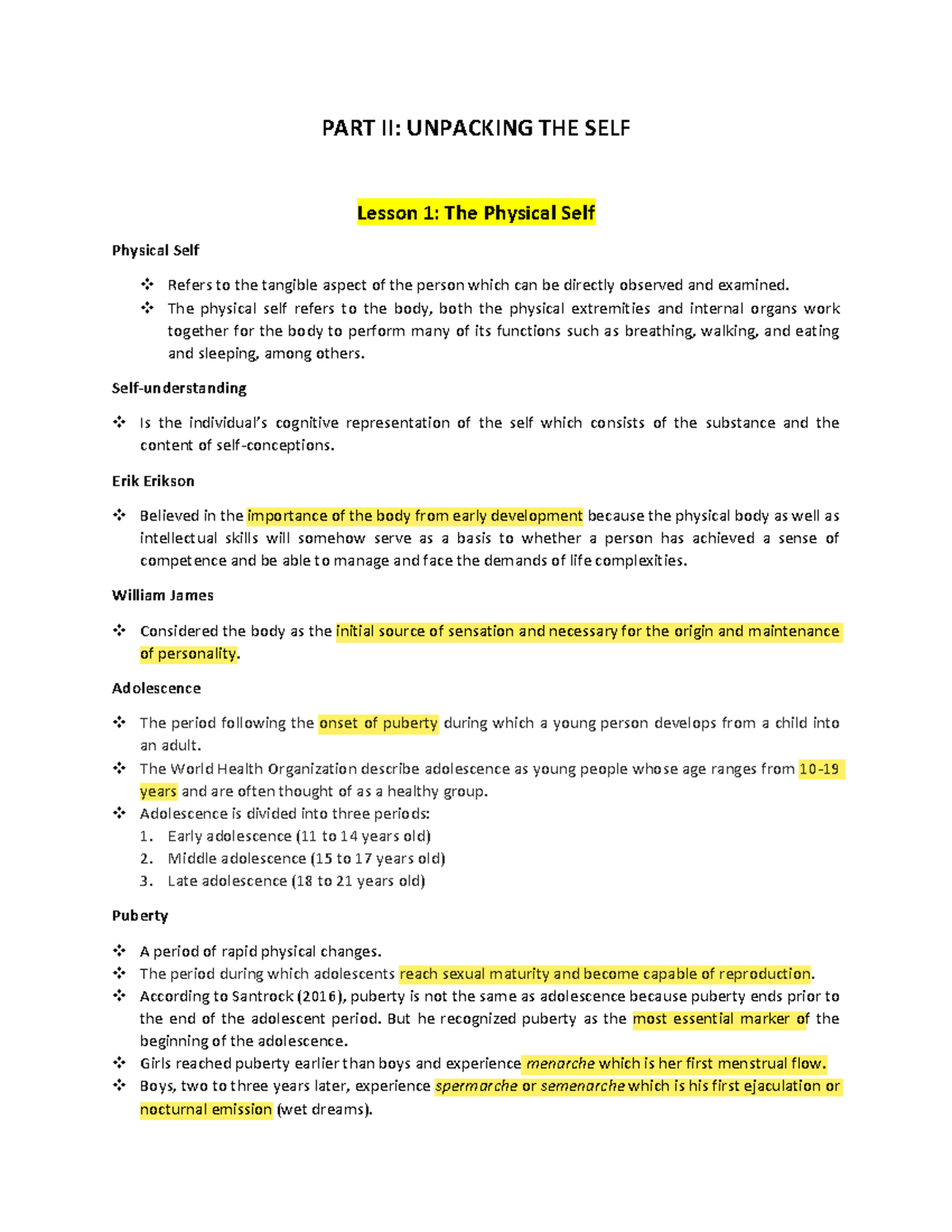 07 The Physical Self - PART II: UNPACKING THE SELF Lesson 1: The Physical Self Physical Self ...