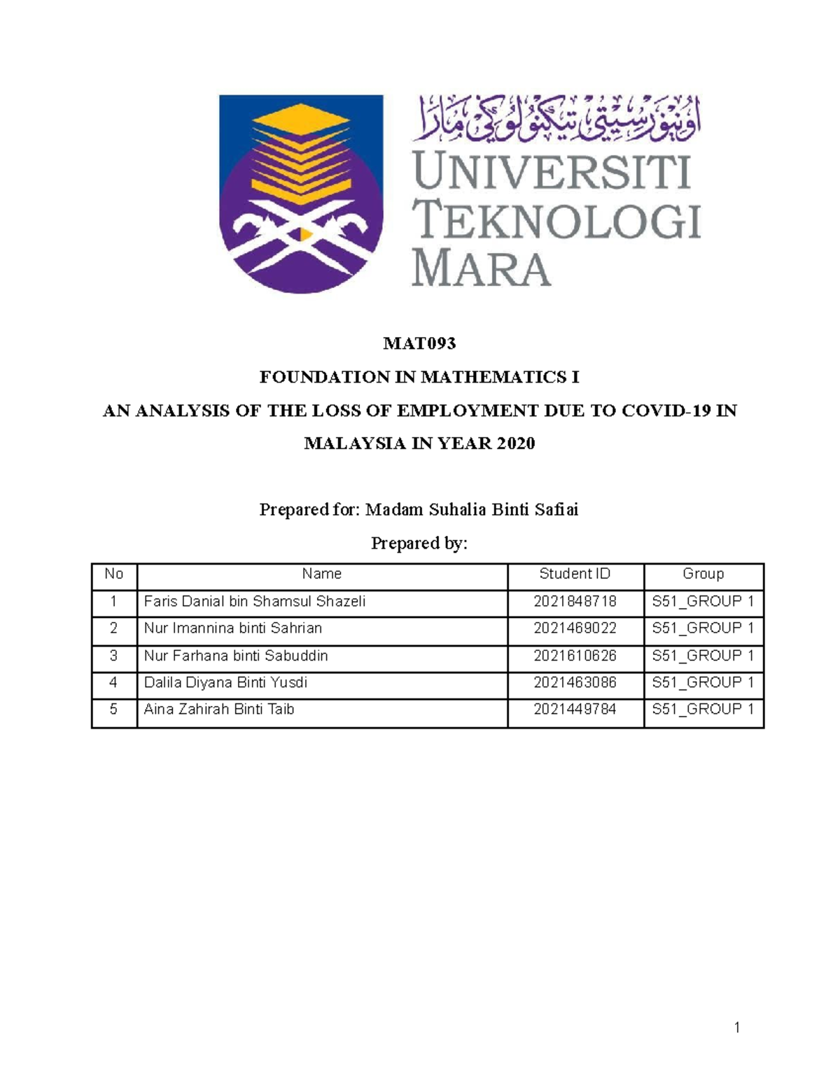 GP1 S51 Maths Project SEM 1 2021 - MAT FOUNDATION IN MATHEMATICS I AN ...