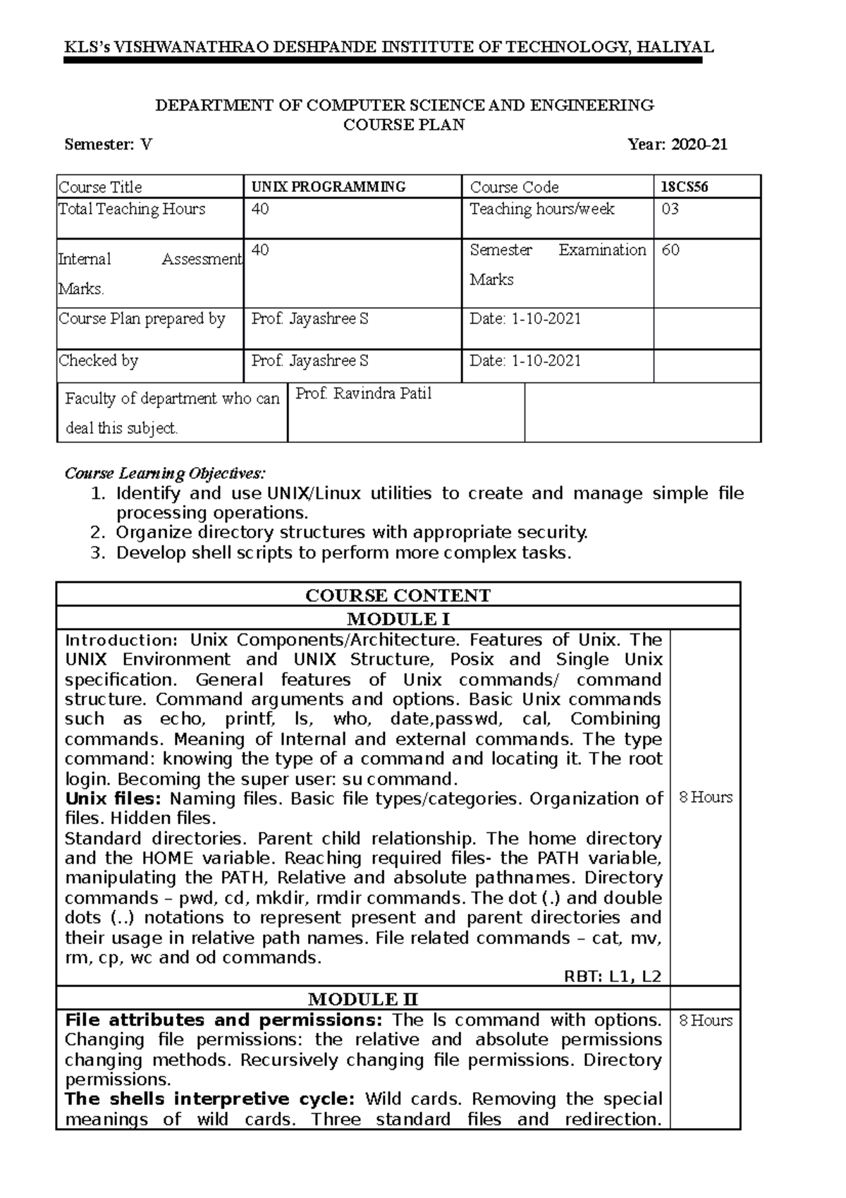 4. Course Plan UNIX 18CS56 - DEPARTMENT OF COMPUTER SCIENCE AND ...