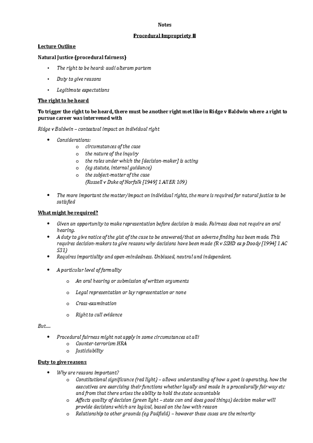 Procedural impropriety - Notes Procedural Impropriety II Lecture ...