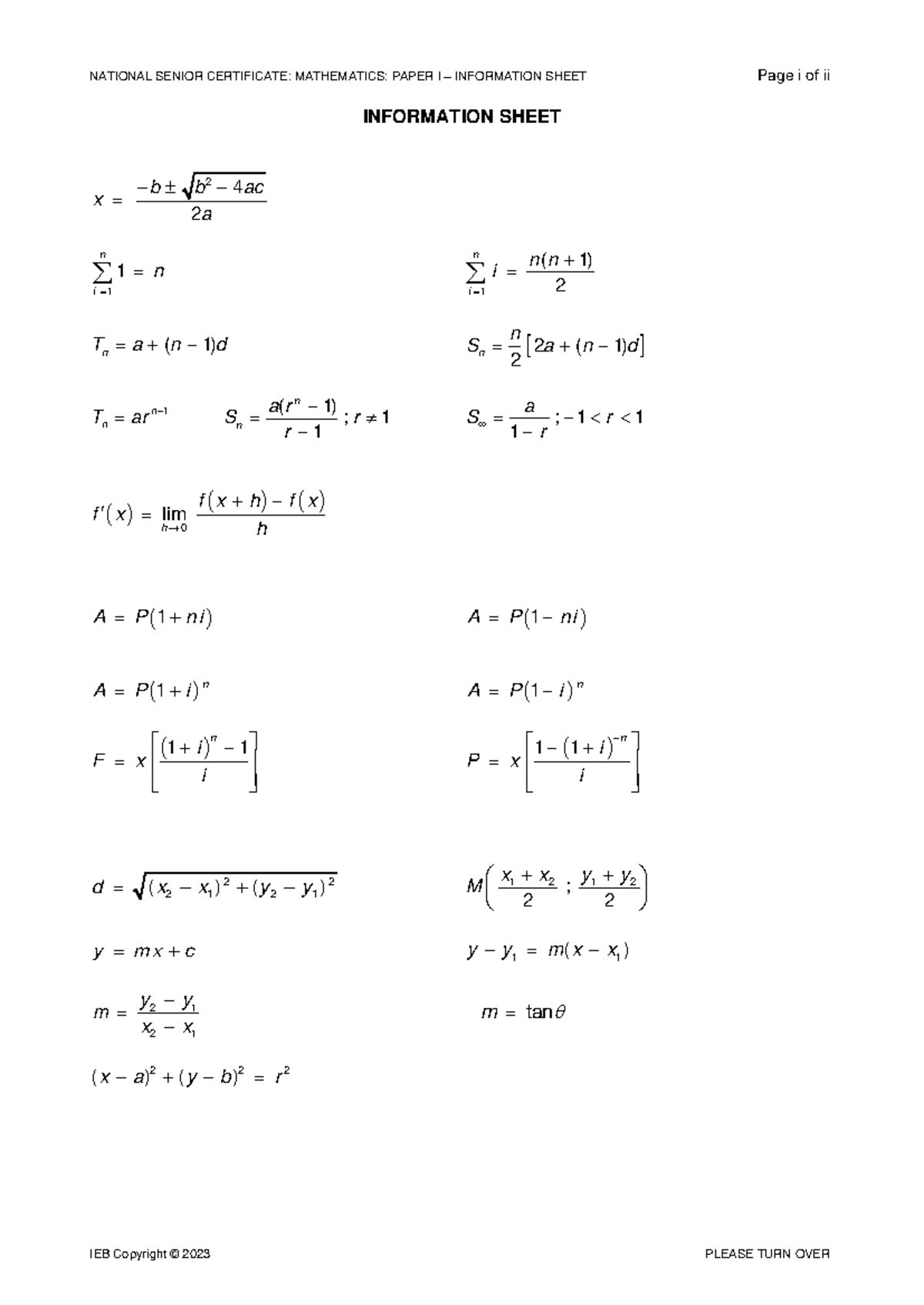 Mathematics P1 Info Sheet 2023 - NATIONAL SENIOR CERTIFICATE ...