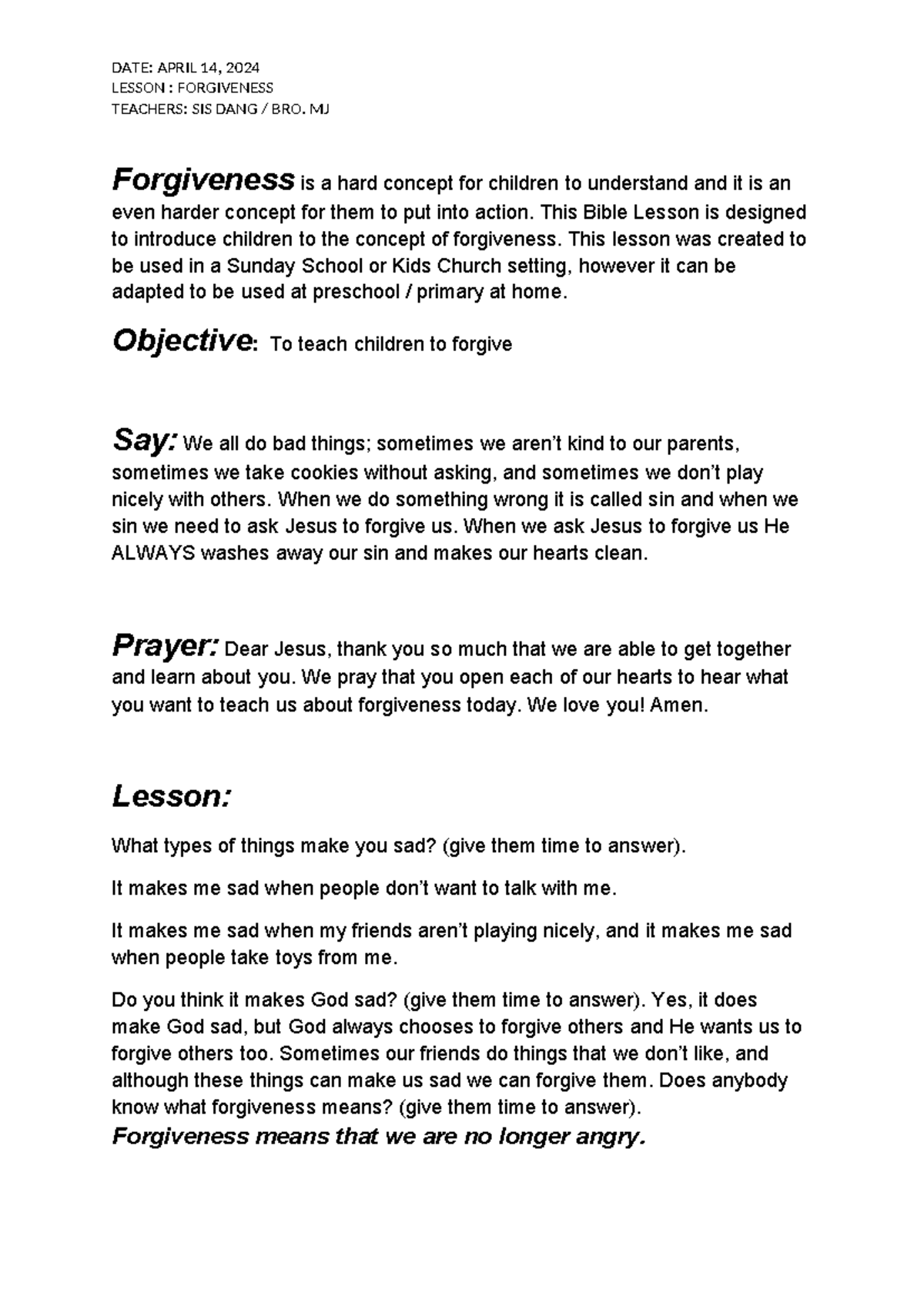 April 14 2024 Forgiveness - DATE: APRIL 14, 2024 LESSON : FORGIVENESS ...