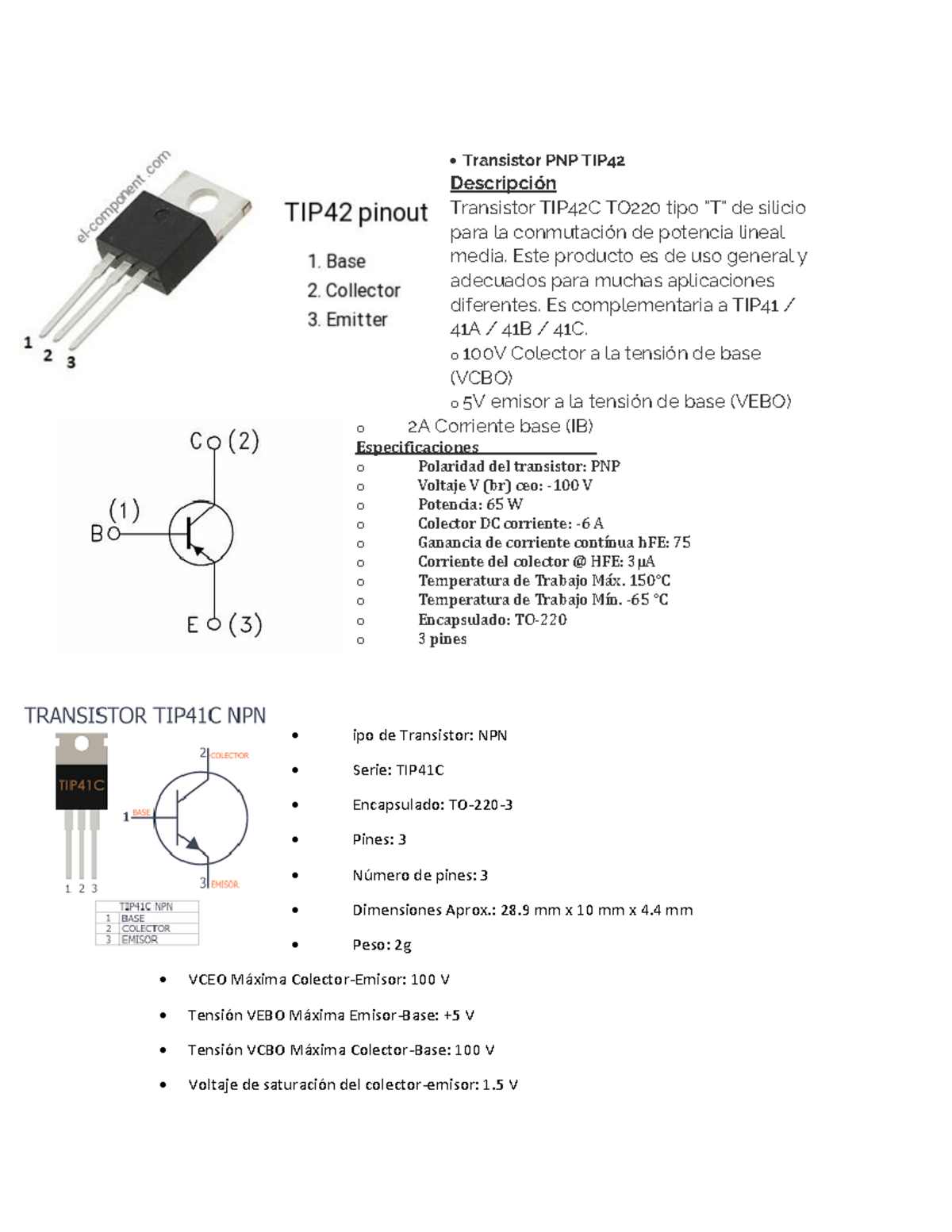 Transistor PNP TIP42 - hoja de datos - • Transistor PNP TIP Descripción ...
