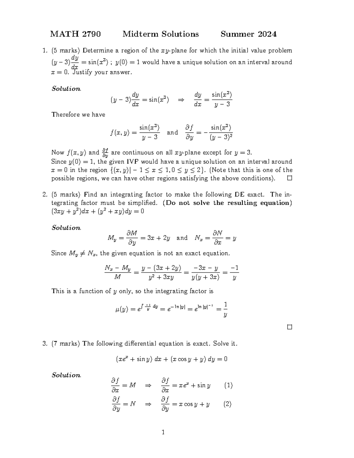 2790MT Solutions S24 - Final exam - MATH 2790 Midterm Solutions Summer ...