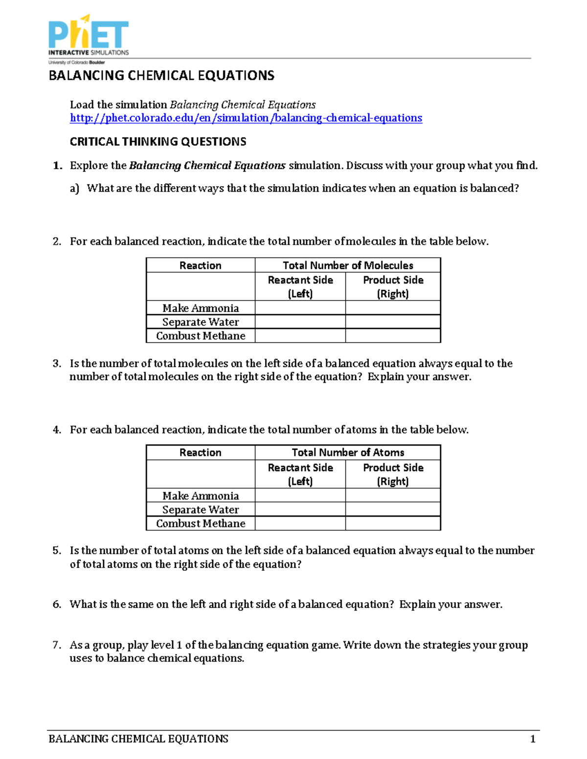 Ph ET Lab - Balancing Chemical Equations Student Guide - BALANCING CHEMICAL EQUATIONS 1 ...