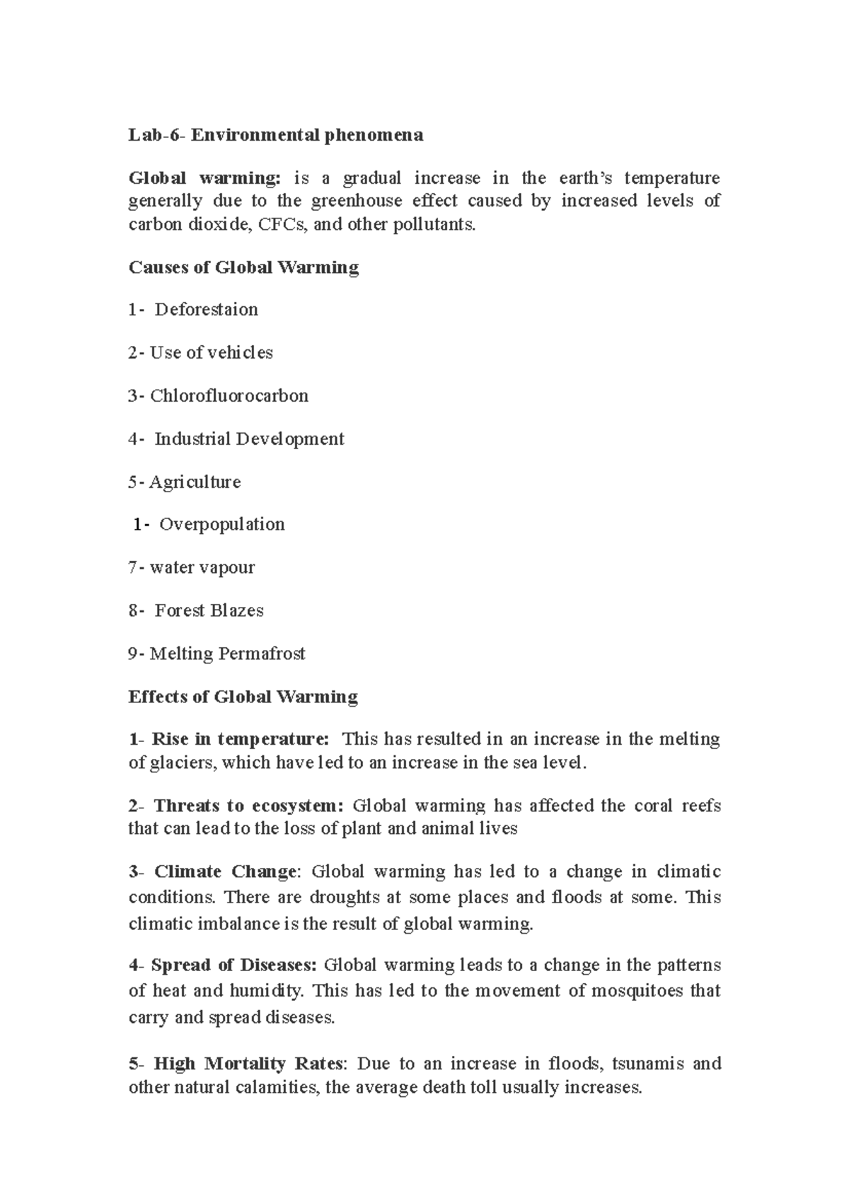 Environmental Phenomena - Lab-6- Environmental phenomena Global warming ...