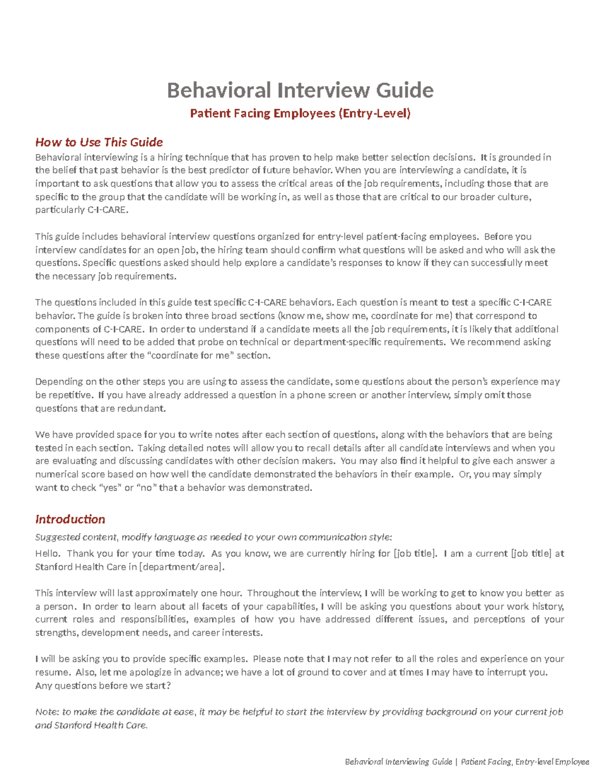 C-i-care behavioral interview guide - Behavioral Interview Guide ...
