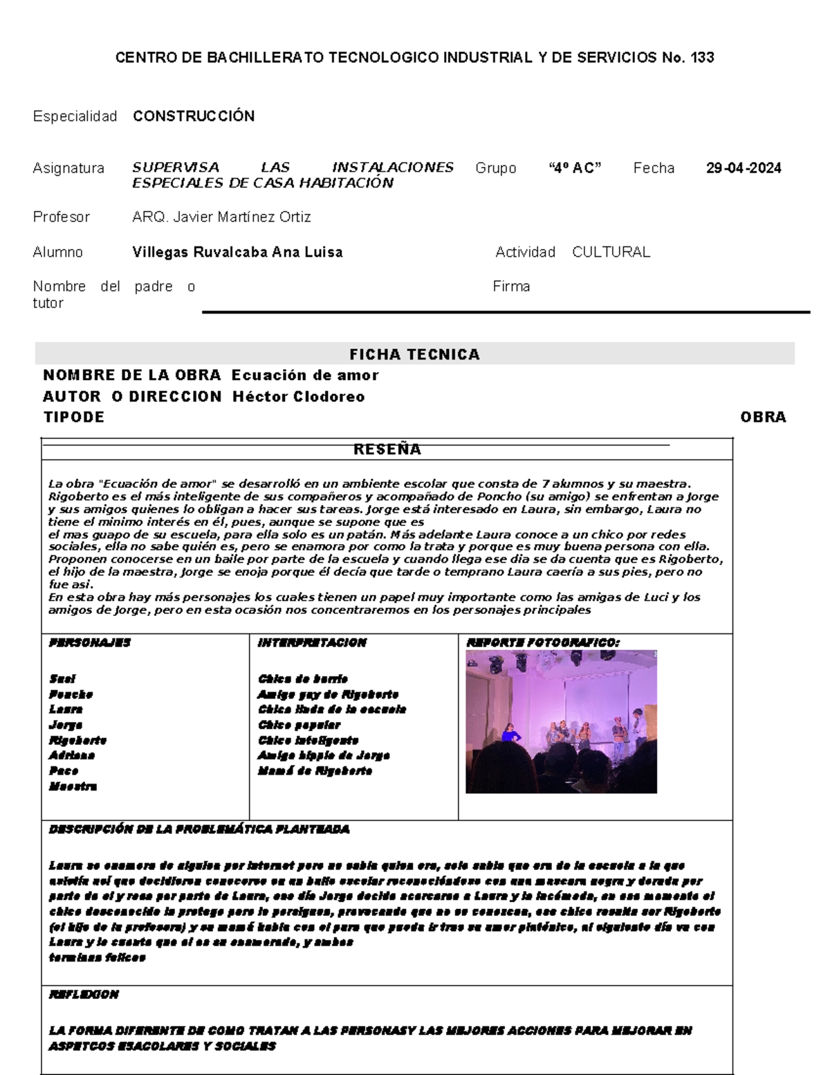 RESEÑA DE UNA OBRA DE TEATRO - CENTRO DE BACHILLERATO TECNOLOGICO ...