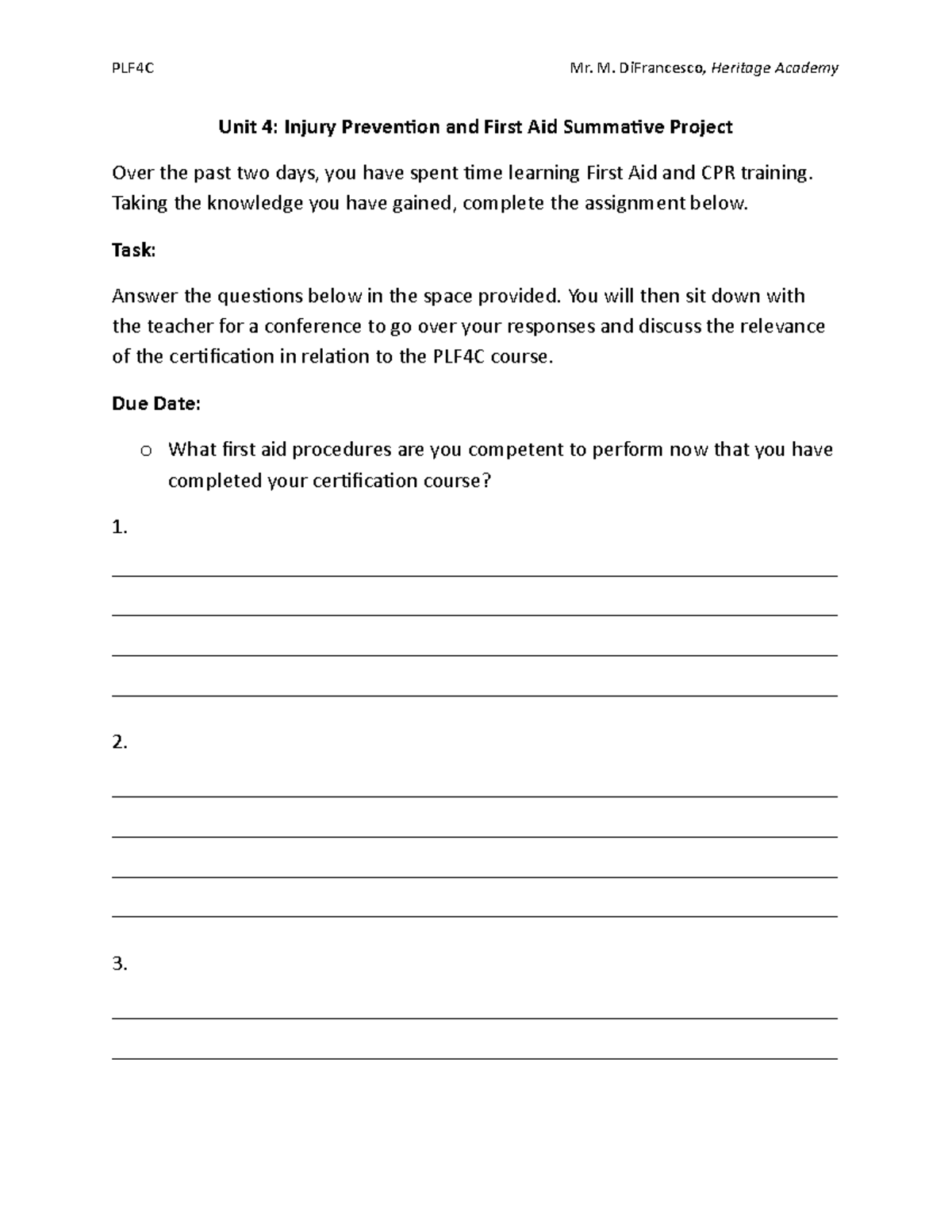 First Aid Unit Summative - Unit 4: Injury Prevention and First Aid ...