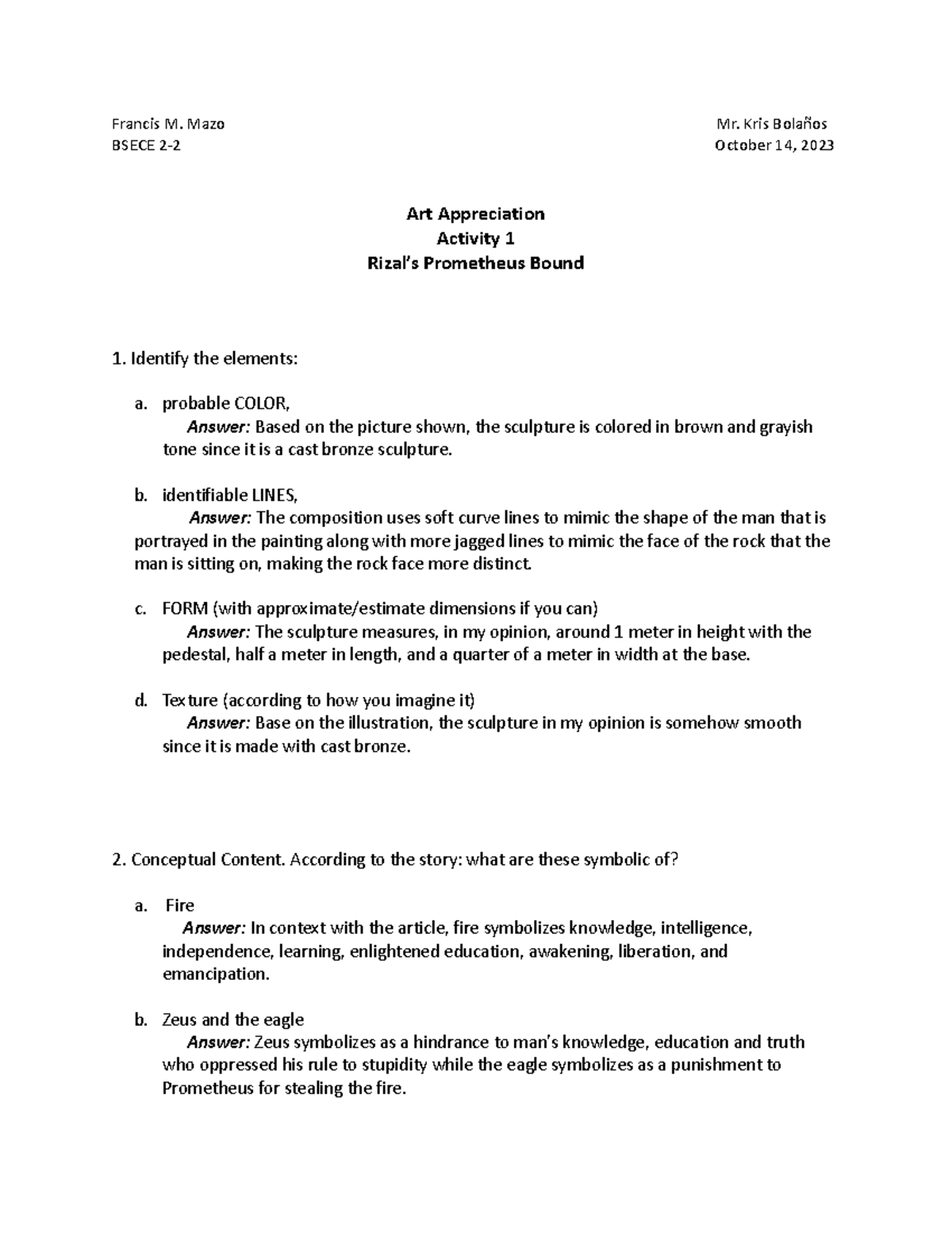 Mazo, Francis - Art Appreciation - Assignment - Francis M. Mazo Mr ...