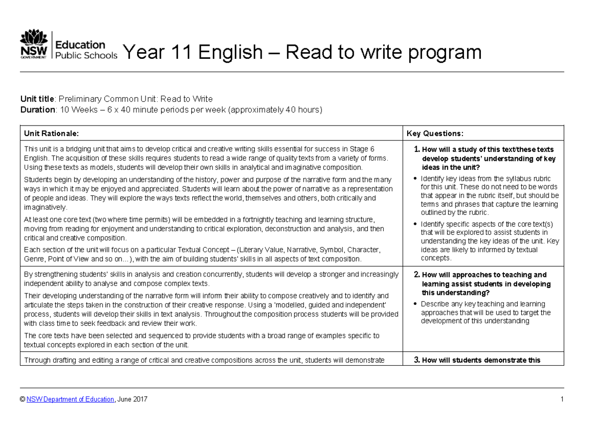 English year 11 read to write unit of work - Year 11 English – Read to ...