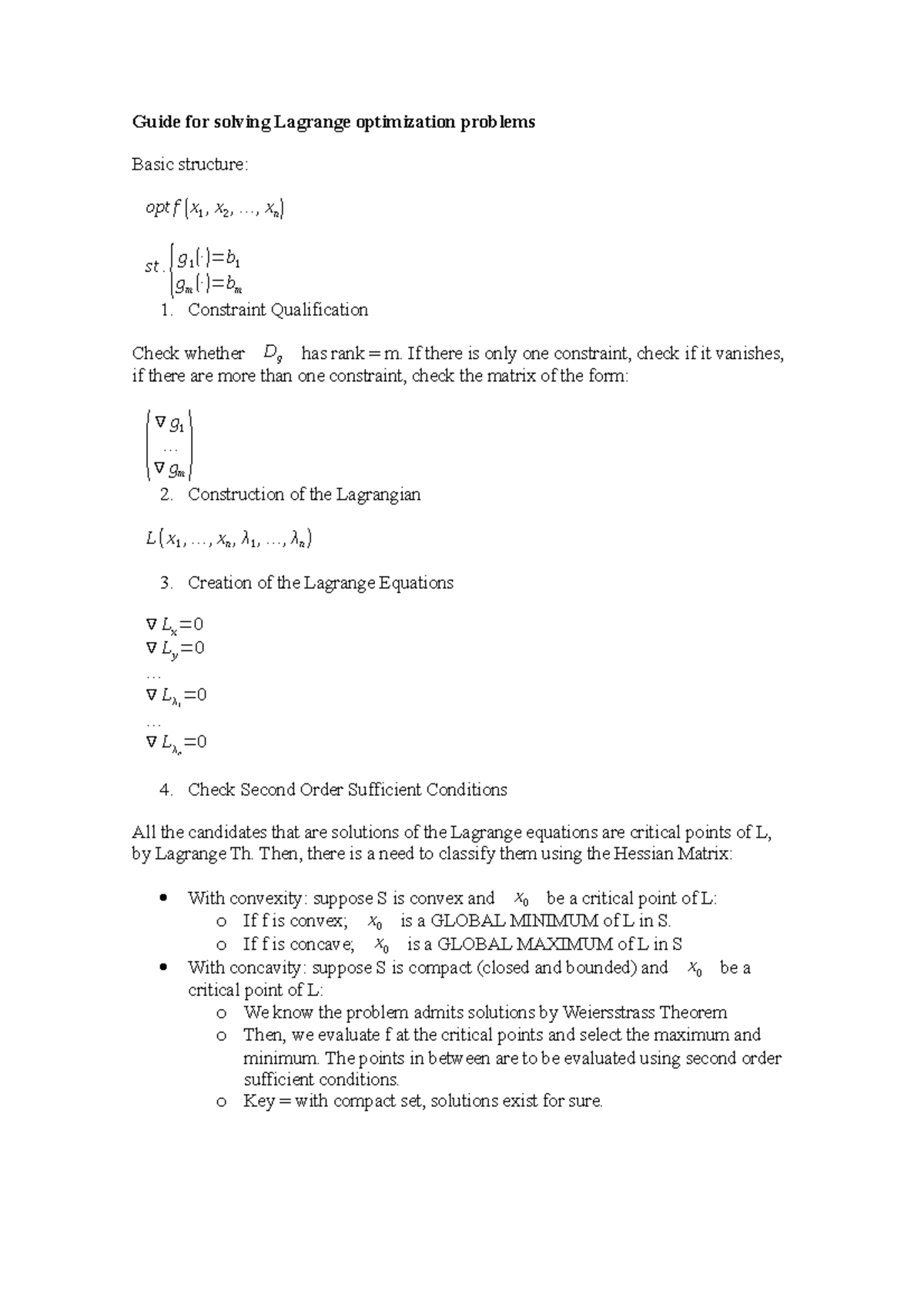 Guide for solving Lagrange optimization problems - .. , xn) st. { g 1 ...
