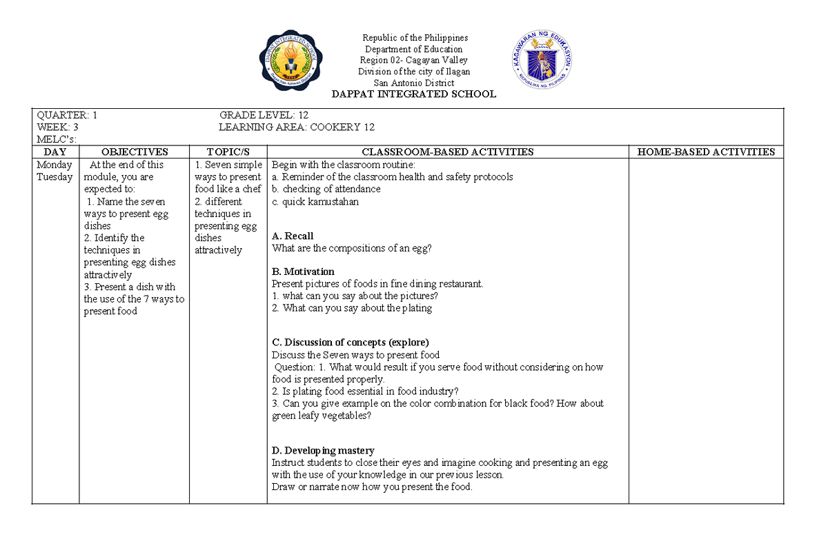 Cookery 3rd week dll - dll - Republic of the Philippines Department of ...