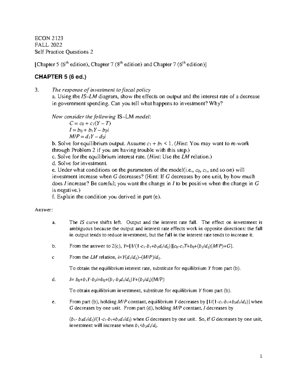 Econ2123 self practice 2 - ECON 2123 FALL 2022 Self Practice Questions 2 [Chapter 5 (6th edition ...
