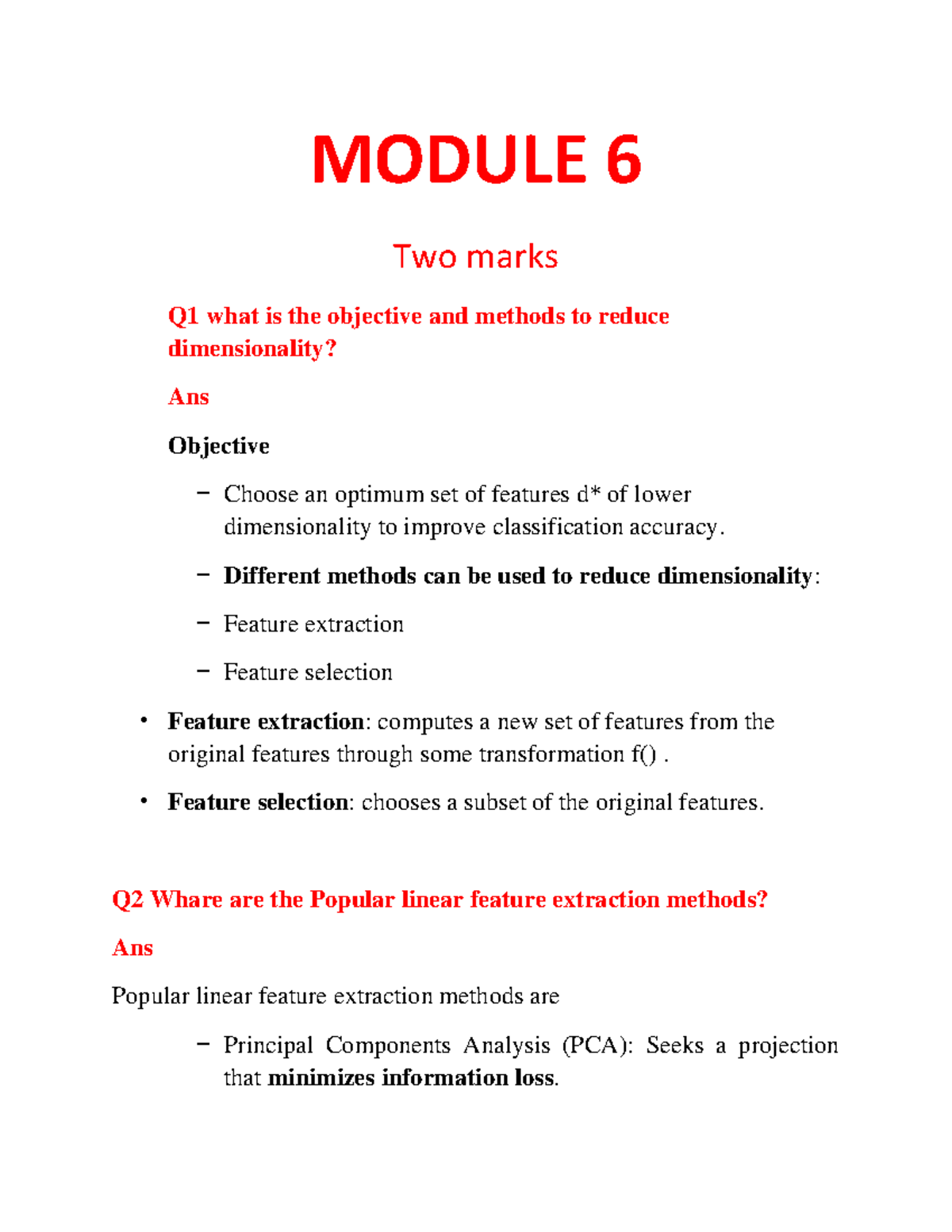 Module 6 - machine learning - MODULE 6 Two marks Q1 what is the objective and methods to reduce ...