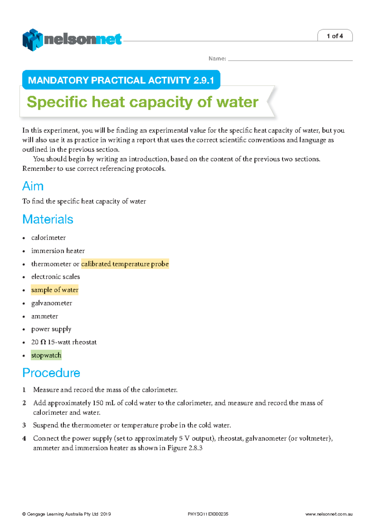 Specific heat capacity of water - Name: MANDATORY PRACTICAL ACTIVITY 2 ...