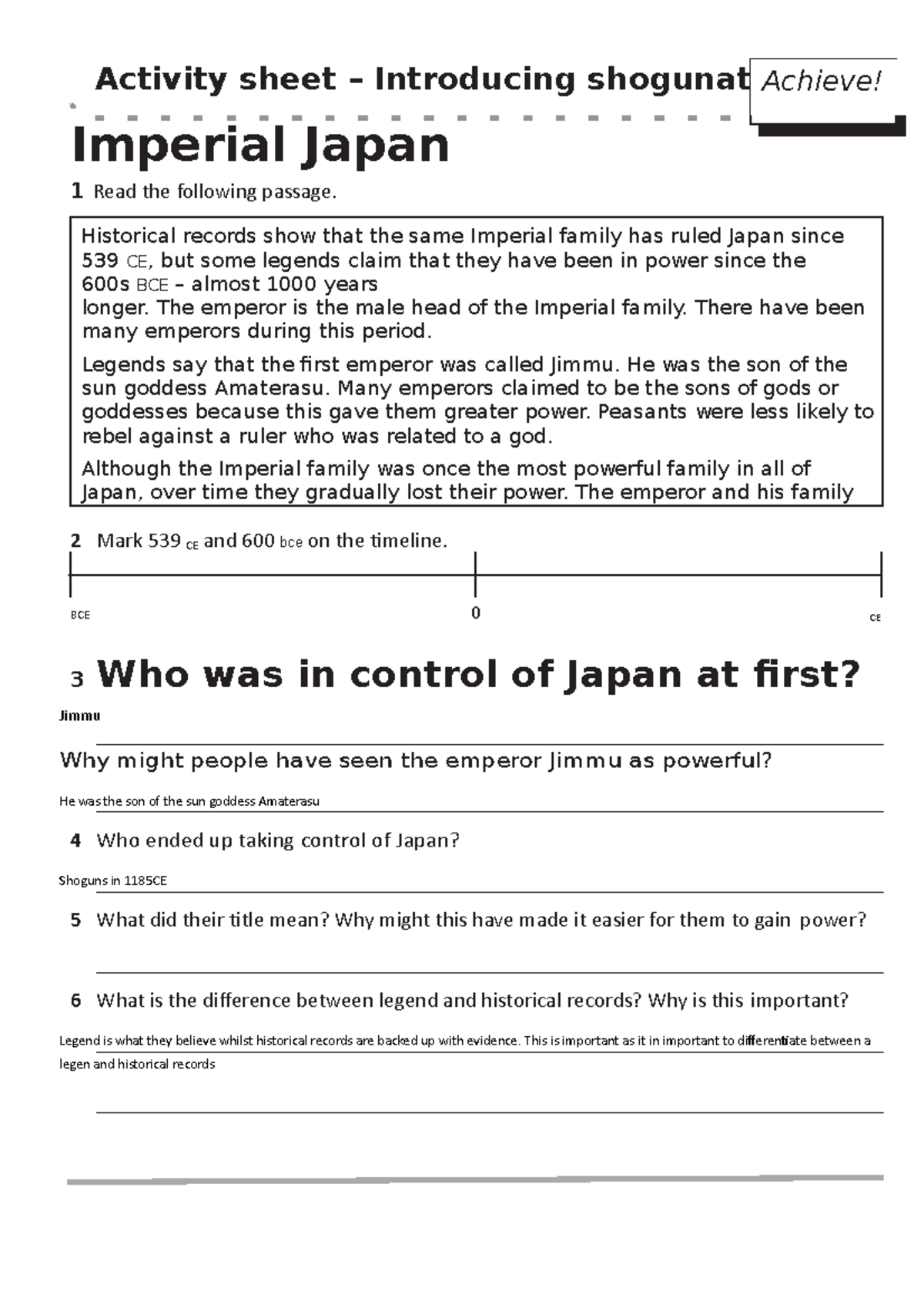 Achieve - Introducing Shogunate Japan - Activity sheet – Introducing ...