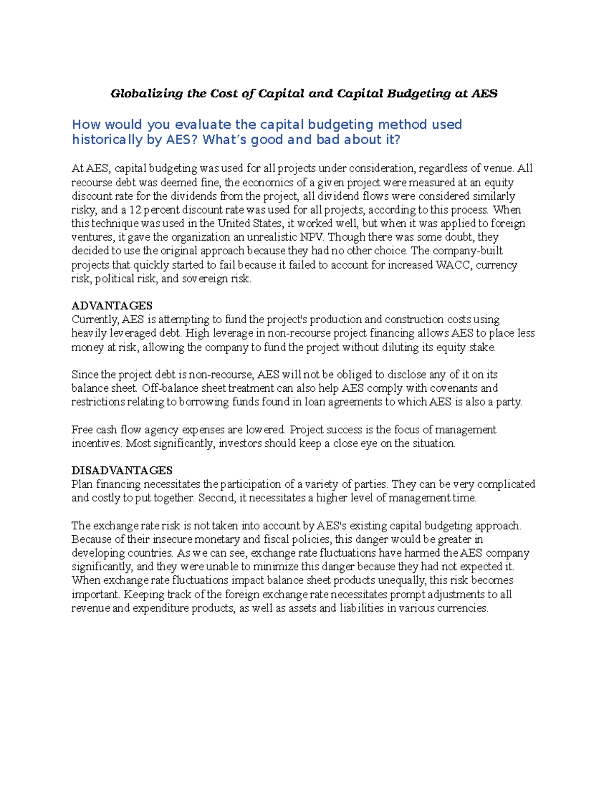 Globalizing the Cost of Capital and Capital Budgeting at AES- tutorial ...