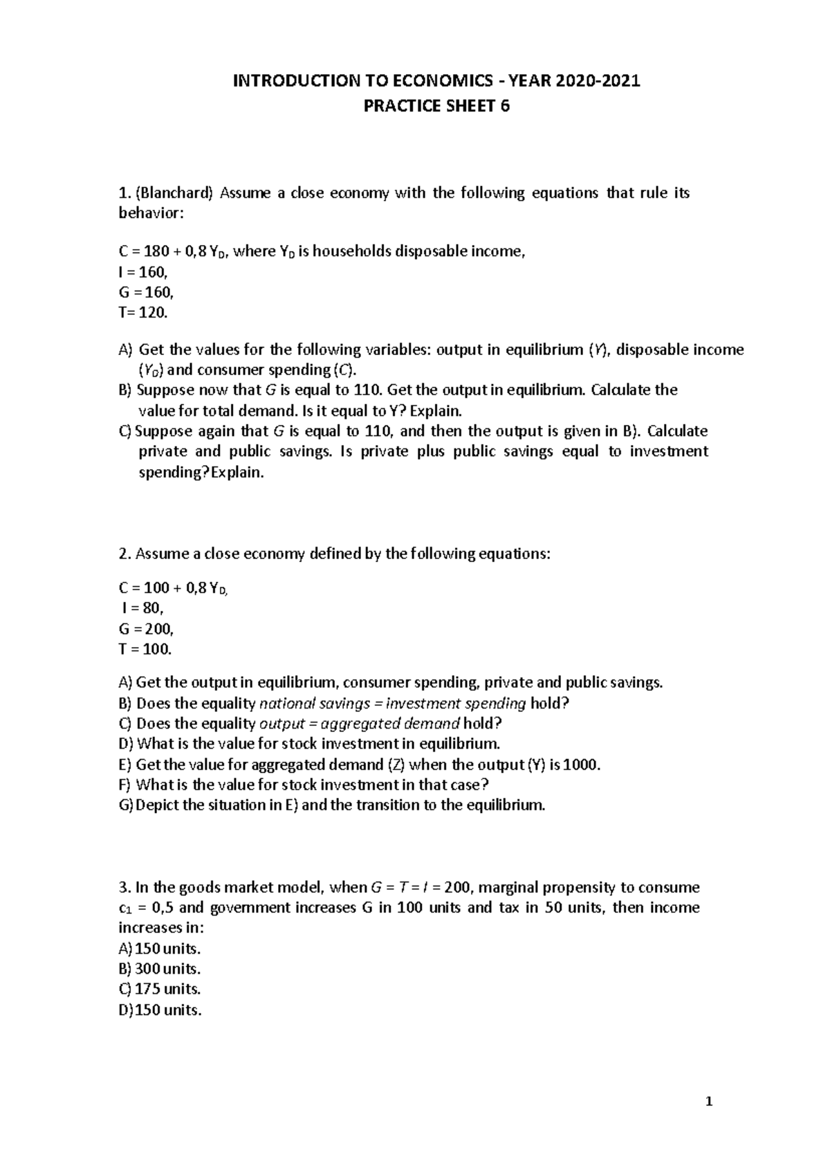 PS6 - INTRODUCTION TO ECONOMICS - YEAR 2020 - 2021 PRACTICE SHEET 6 ...