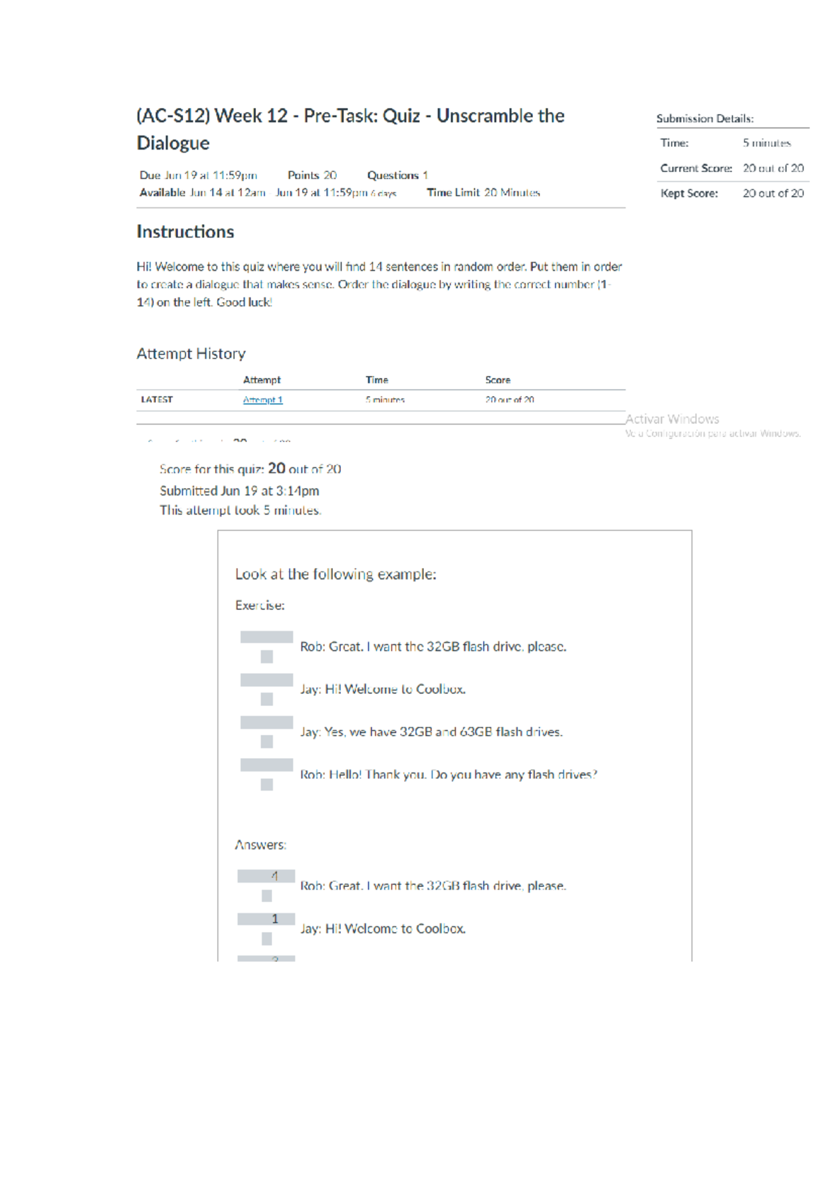 (AC-S12) Week 12 - Pre-Task Quiz - Unscramble the Dialogue - Ingles II - Studocu