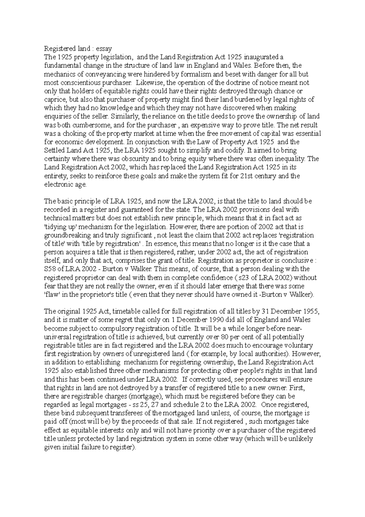 Land Law Registered Land Essay - Registered land : essay The 1925 ...