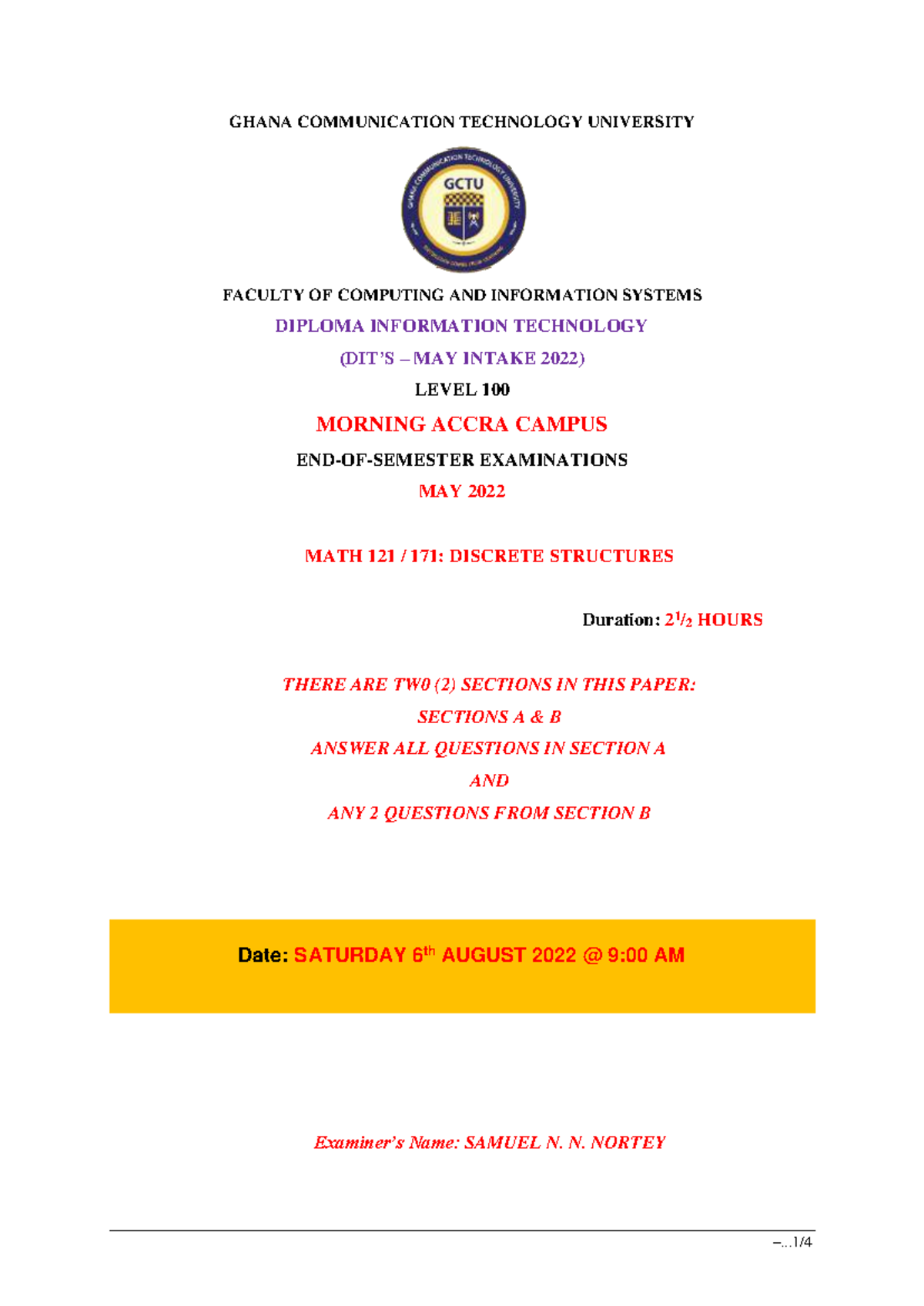 1st Semester End of Sem Exams for Discrete Structures for May Intake ...