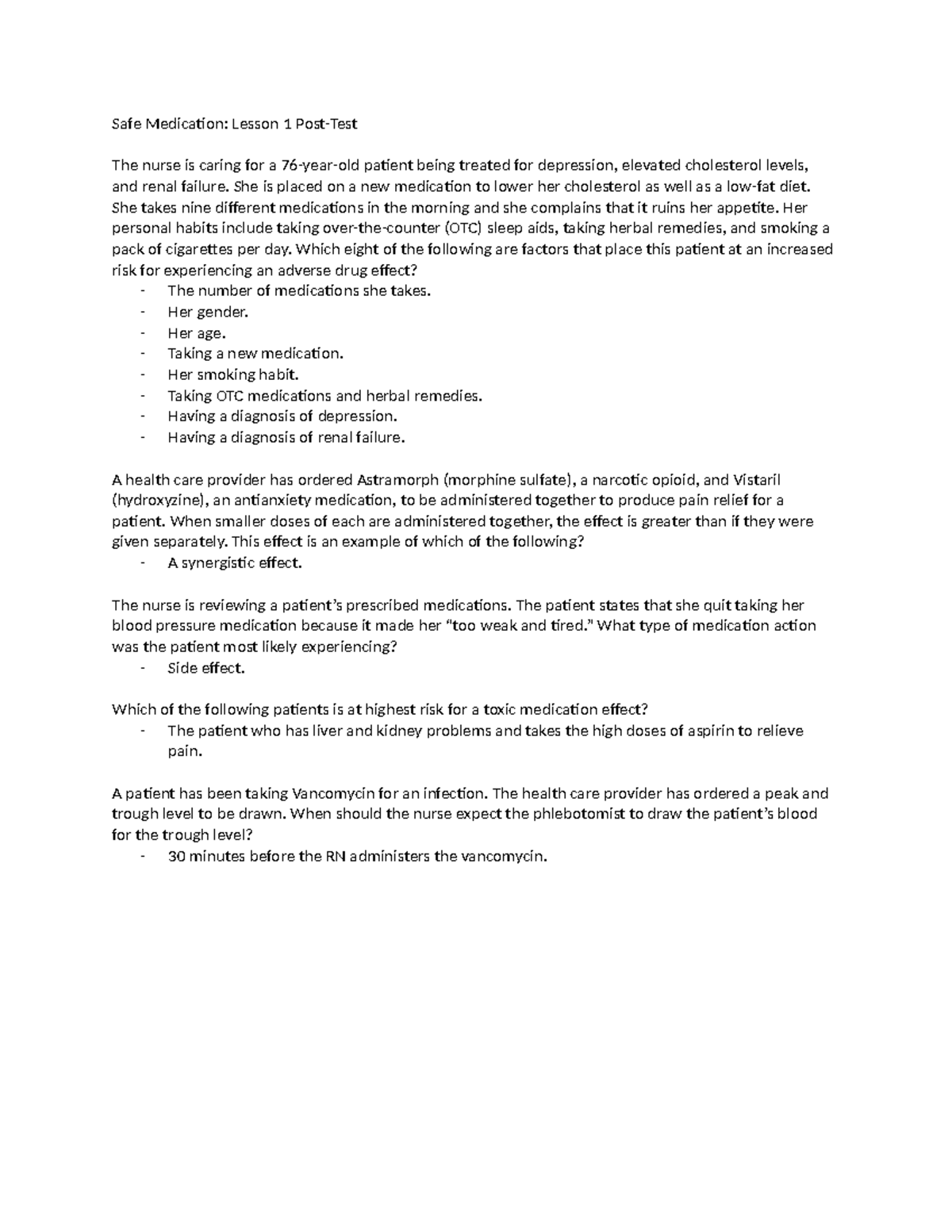 BSN Safe Medication Lesson 1 Post-Test - Safe Medication: Lesson 1 Post ...