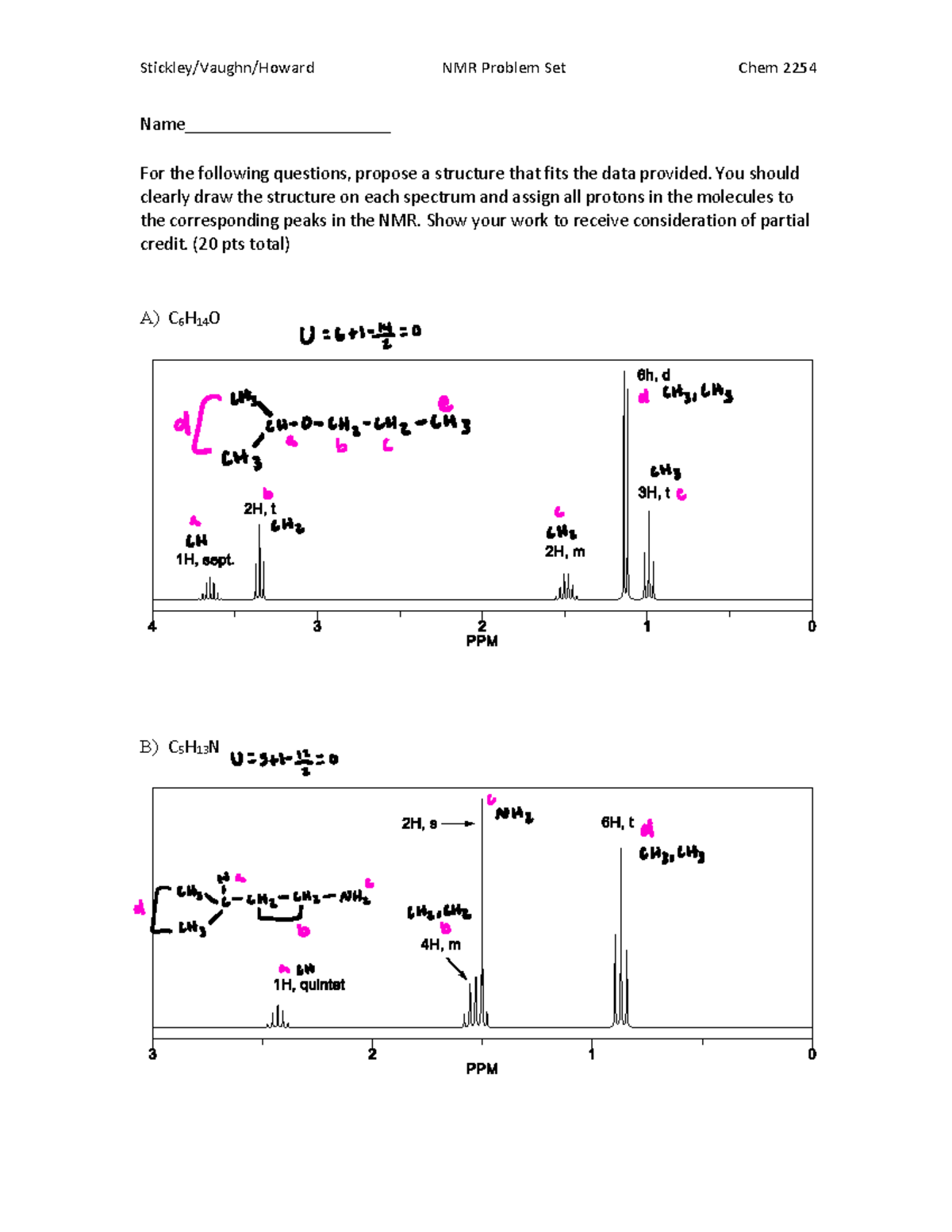 Chem2254 HNMR Problem Set 2 - Name______________________ For the ...