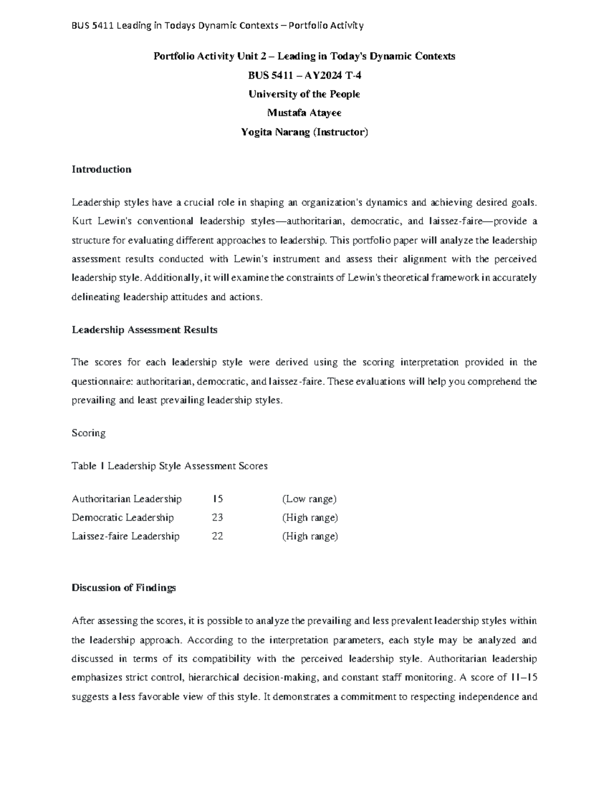 Portfolio Activity Unit 2 - BUS 5 411 Leading in Todays Dynamic ...