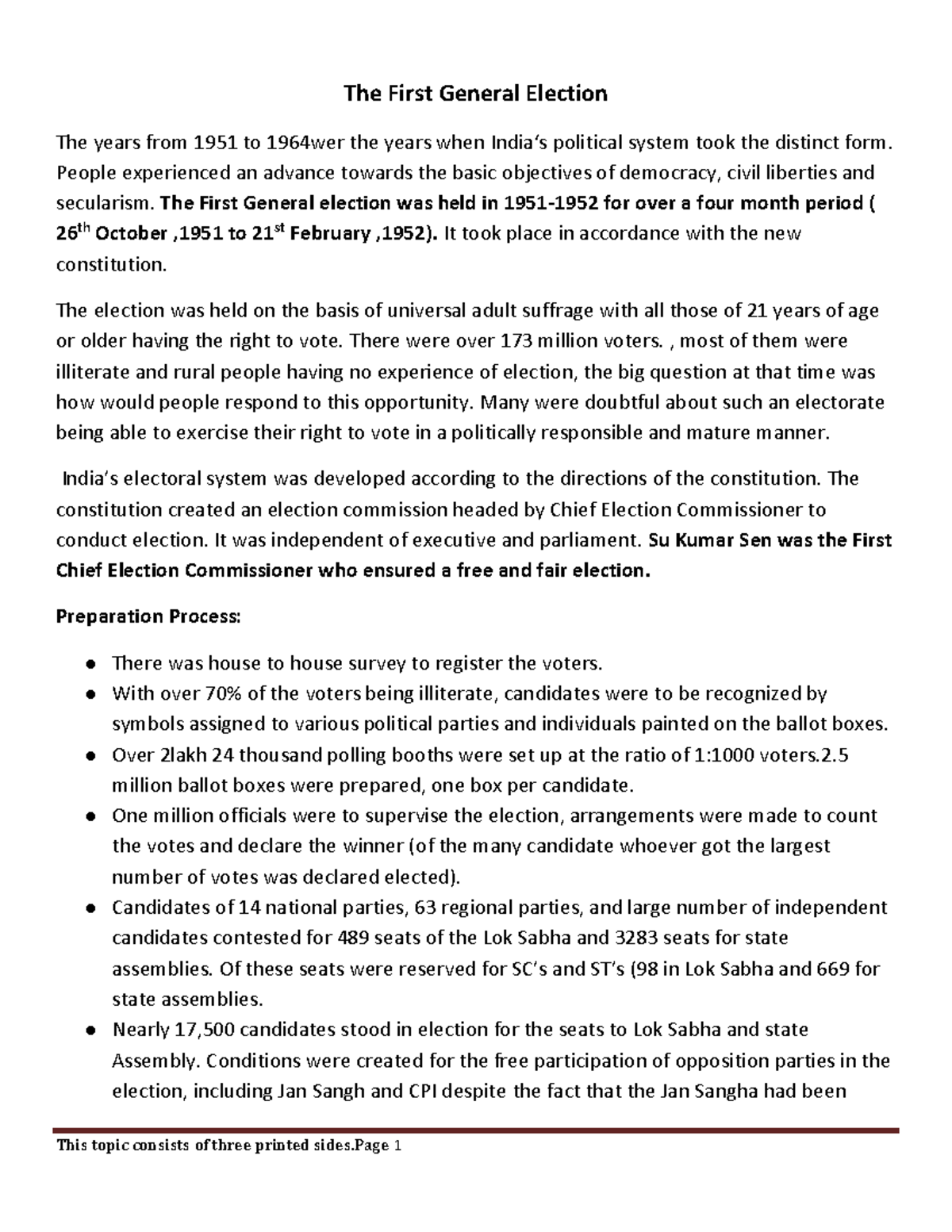 The First General Election - This topic consists of three printed sides ...