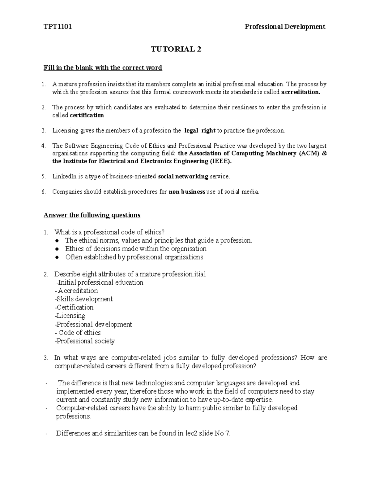 Tutorial-2 Question (Professional Ethics) - TUTORIAL 2 Fill in the ...