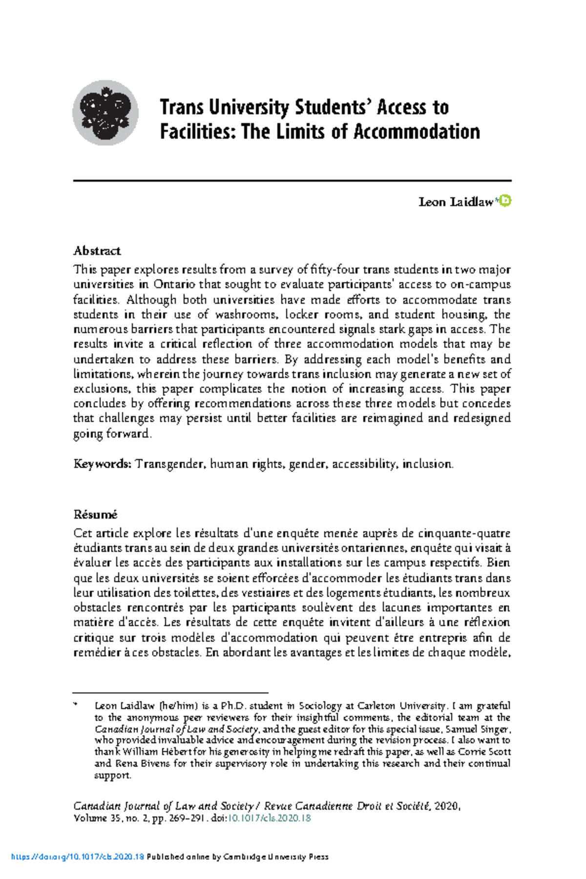 Laidlaw - essay - Trans University Students’ Access to Facilities: The ...